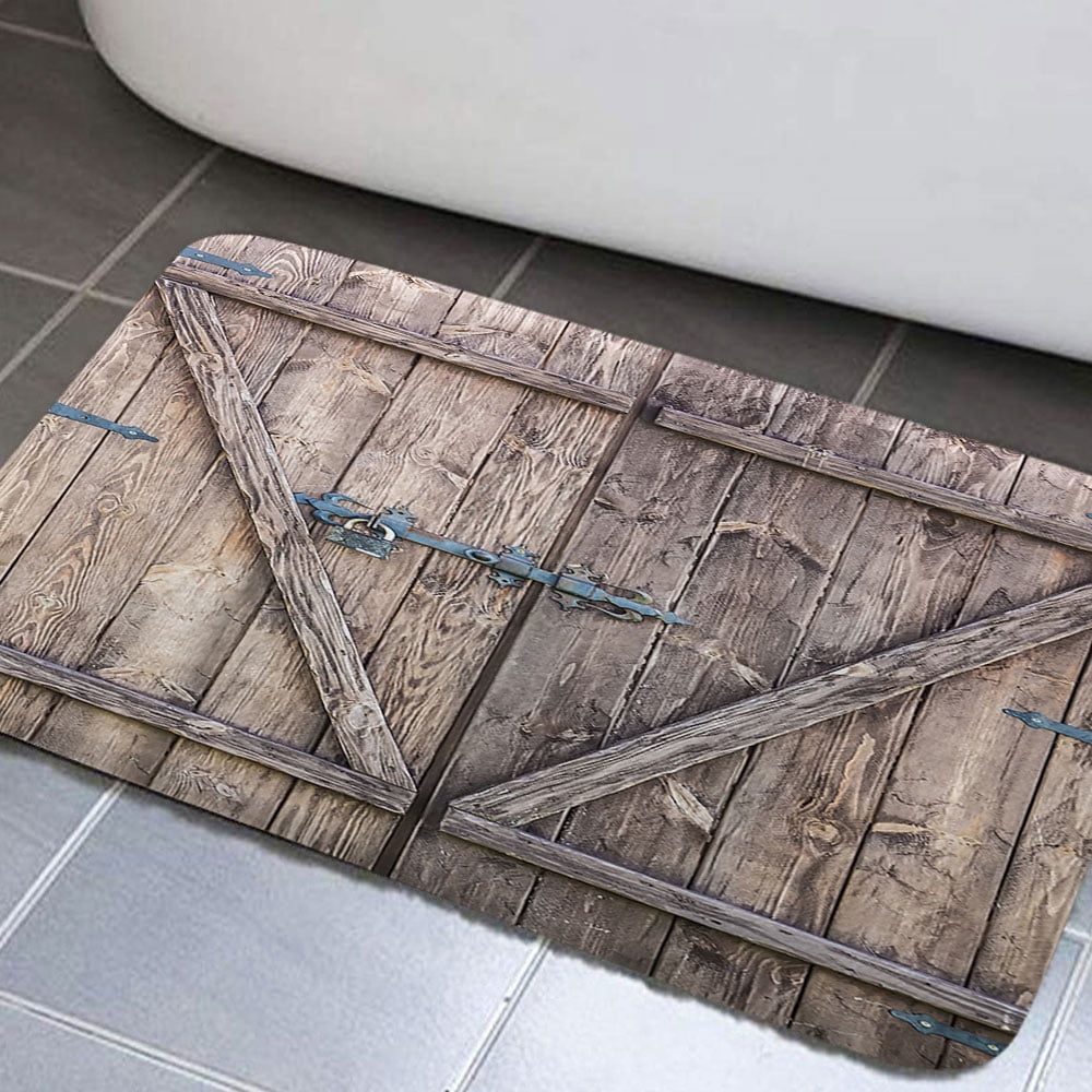 Rustic Wooden Barn Door Bathroom Rugs, Green Leaves on Farmhouse Non ...
