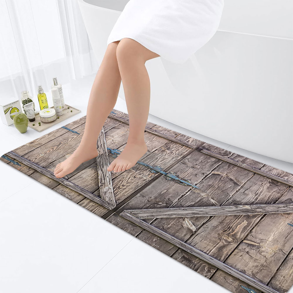 Rustic Wooden Barn Door Bathroom Rugs, Green Leaves on Farmhouse Non ...