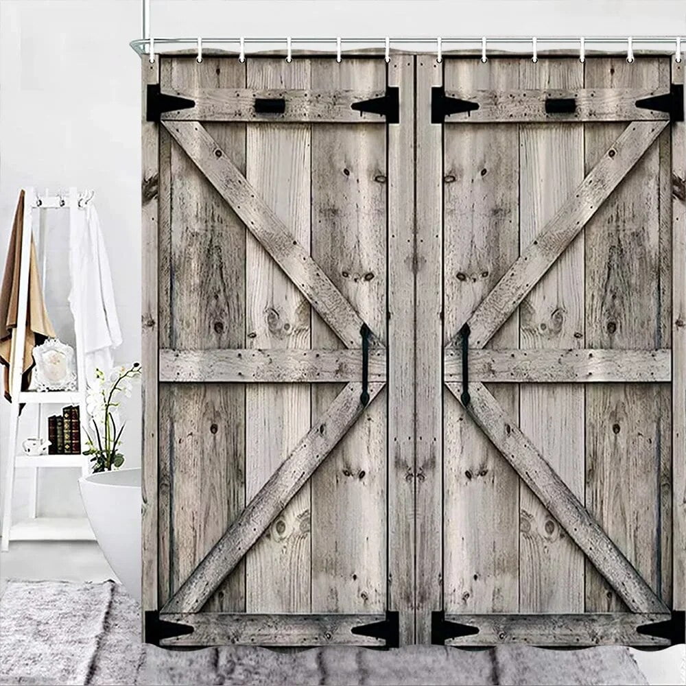 Rustic Wooden Barn Door Decor Shower Curtain for Bathroom Western Country Theme Vintage Rural ...