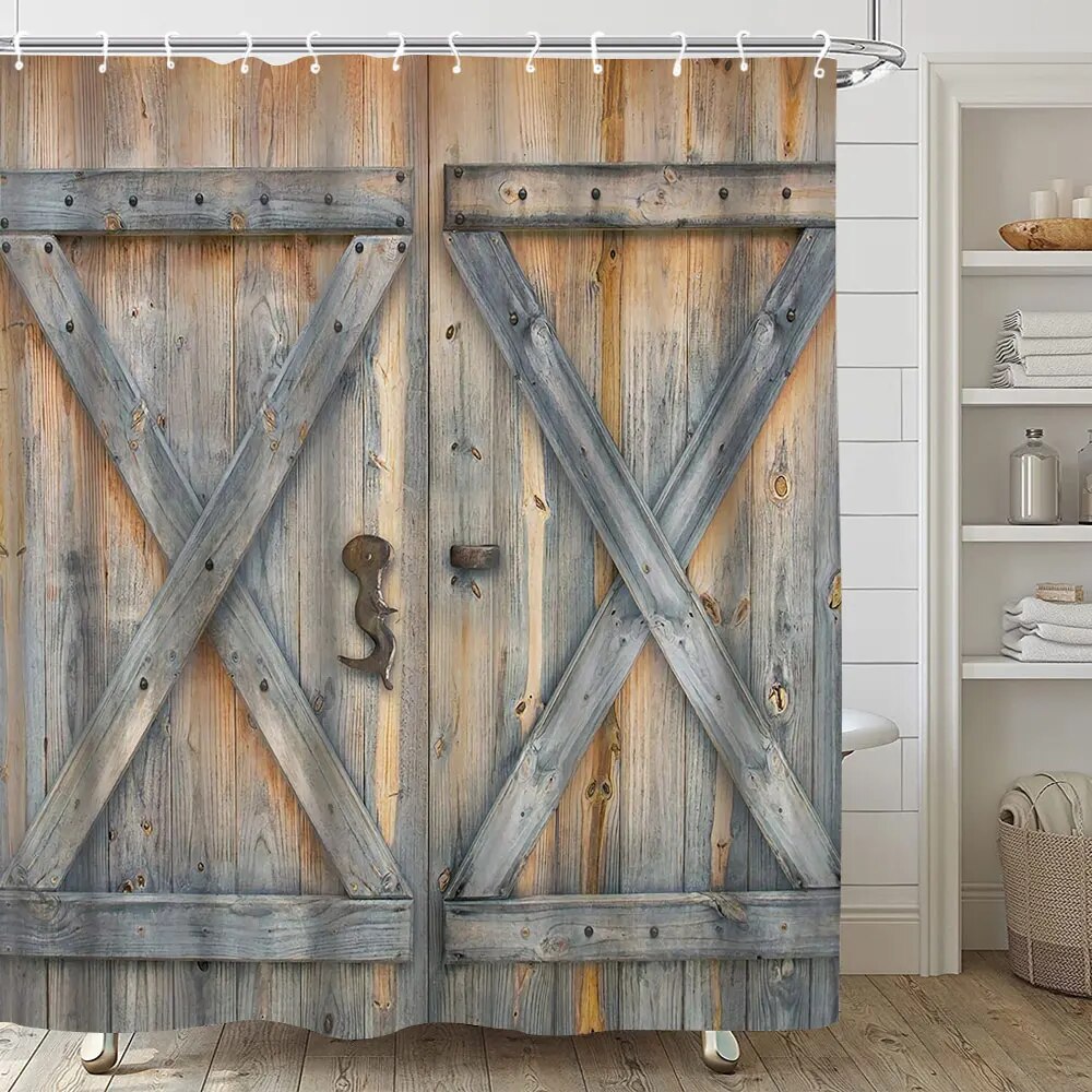 Rustic Wooden Barn Door Shower Curtain for Bathroom Western Country Vintage Rural Farm House ...