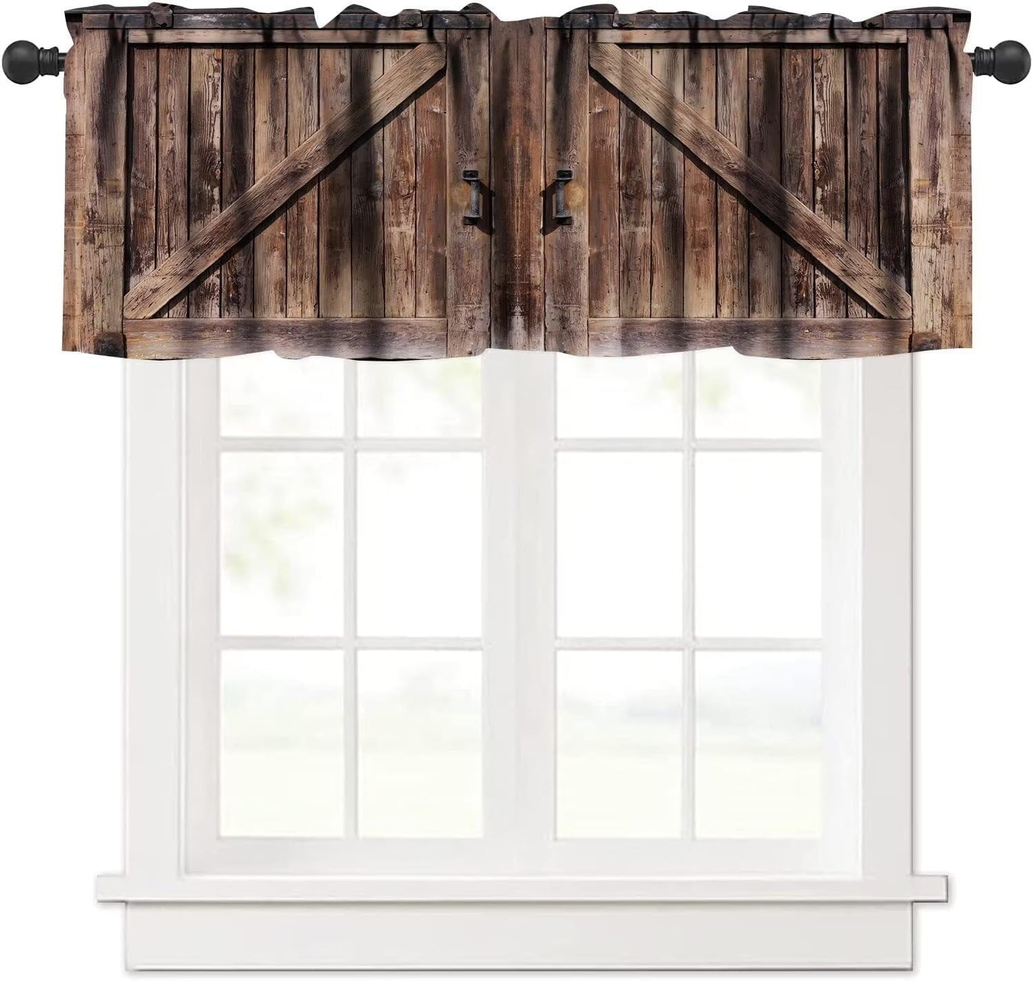 Rustic Wooden Barn Door Valance Curtain Wood Farmhouse Art Printed Rod ...