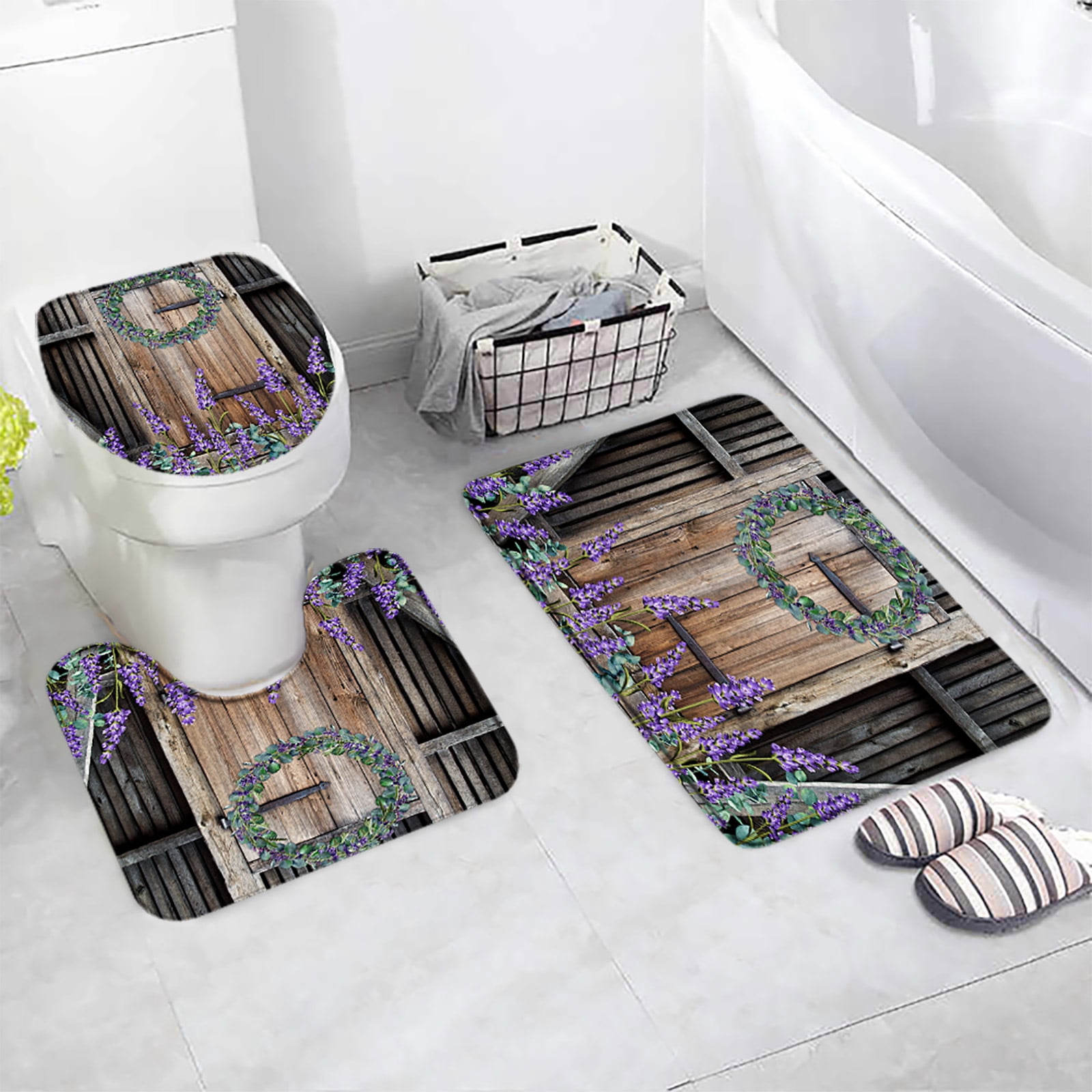 Rustic Wooden Board Bath Mat Set Vintage Farm Door Wood Wheel Green ...