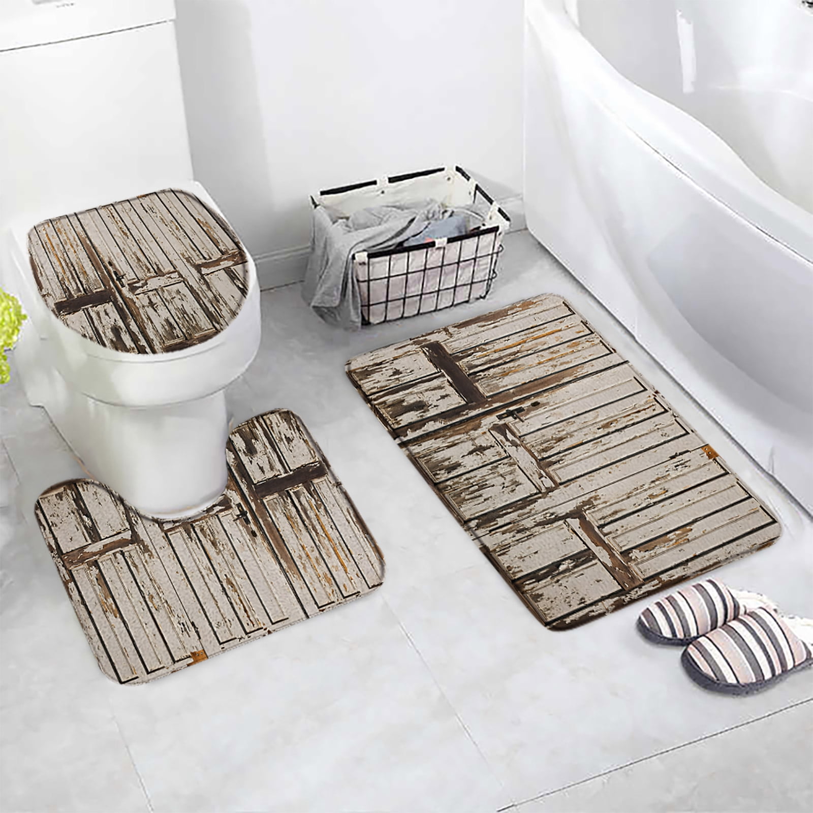 Rustic Wooden Board Bath Mat Set Vintage Farm Door Wood Wheel Green ...