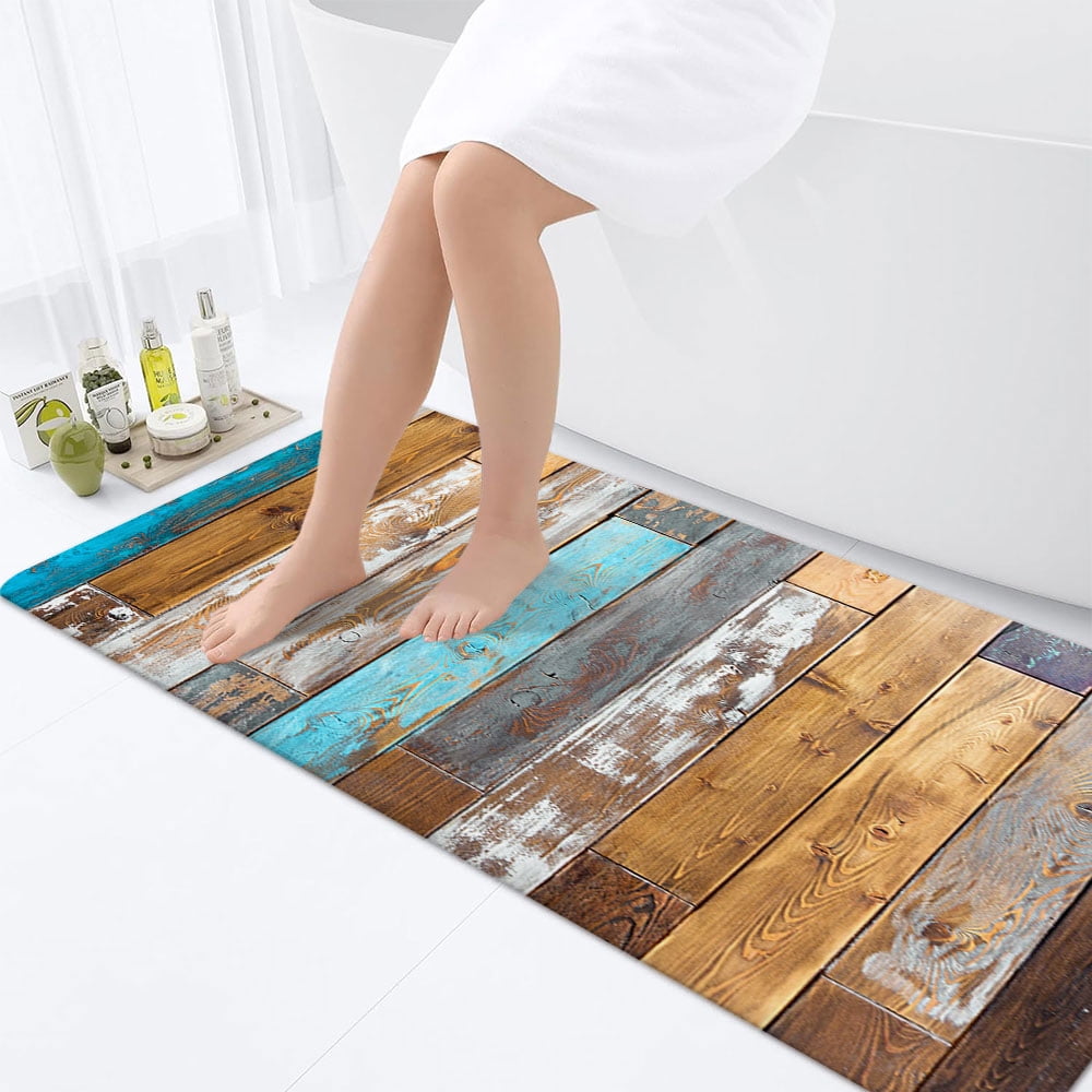 Rustic Wooden Board Bathroom Rugs, Green Leaves on Farmhouse Non-Slip ...