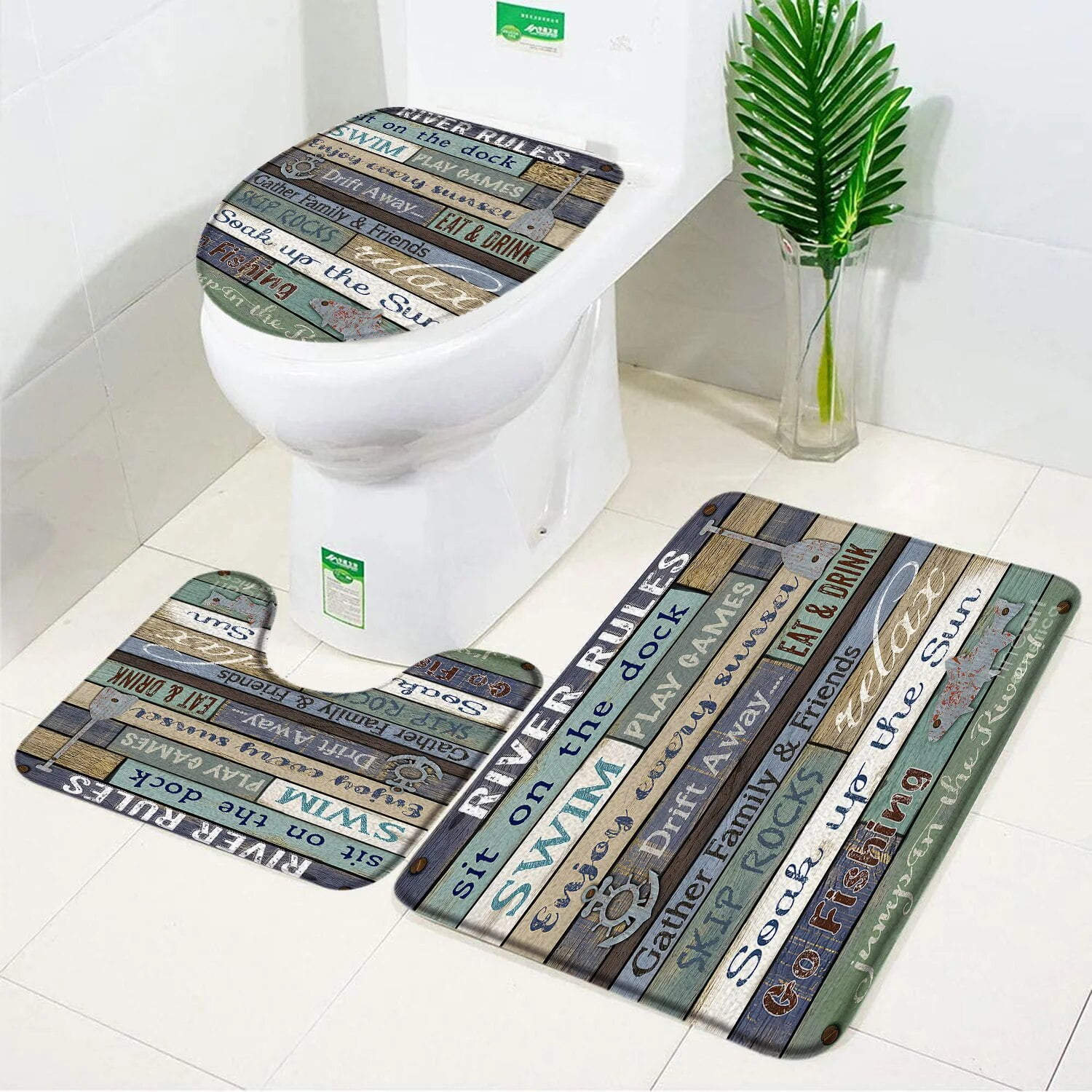 Rustic Wooden Board Quotes Bath Mat Set Farmhouse Bathroom Decor Anti ...