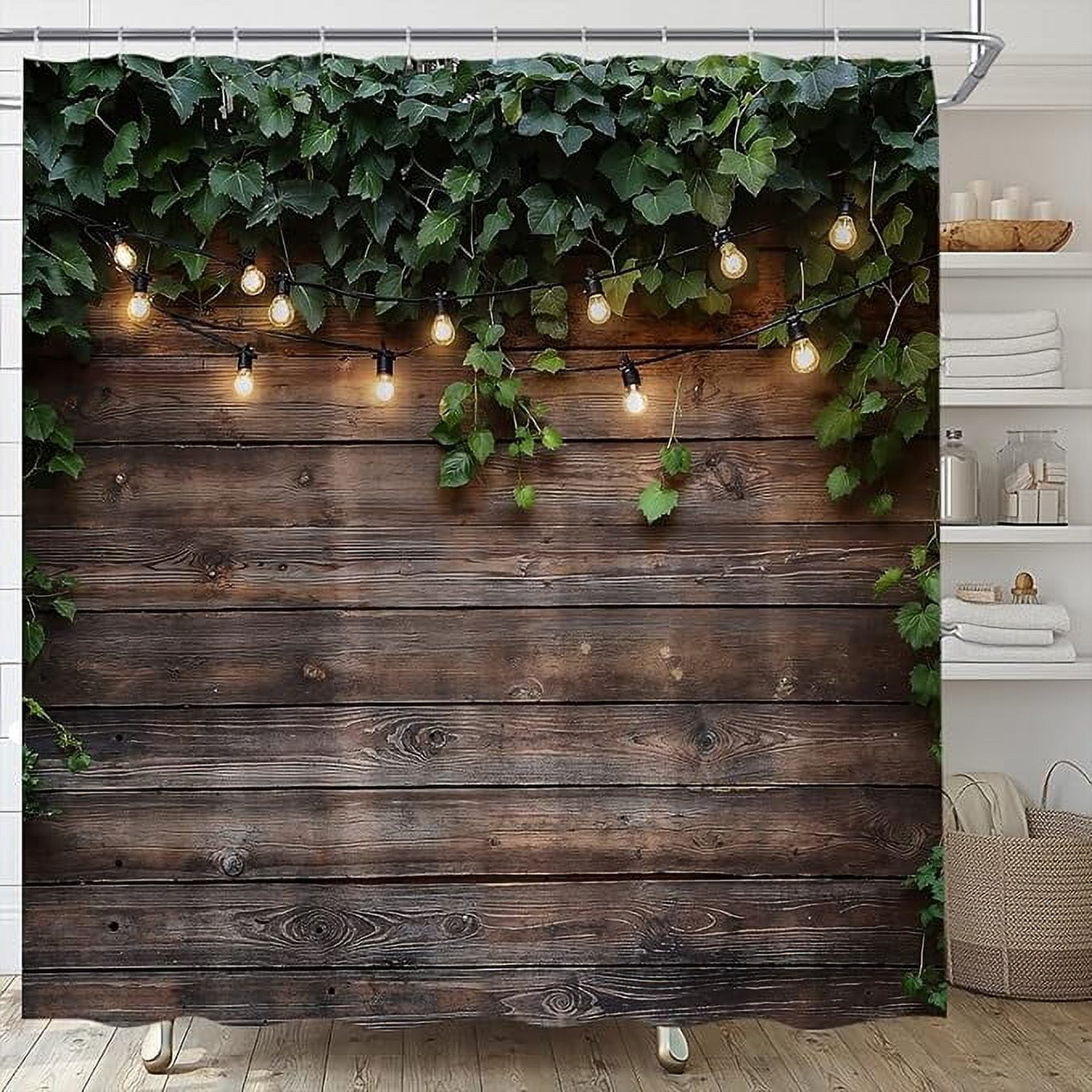 Rustic Wooden Board Shower Curtain Green Leaf Vine Ivy On Vintage Wood ...