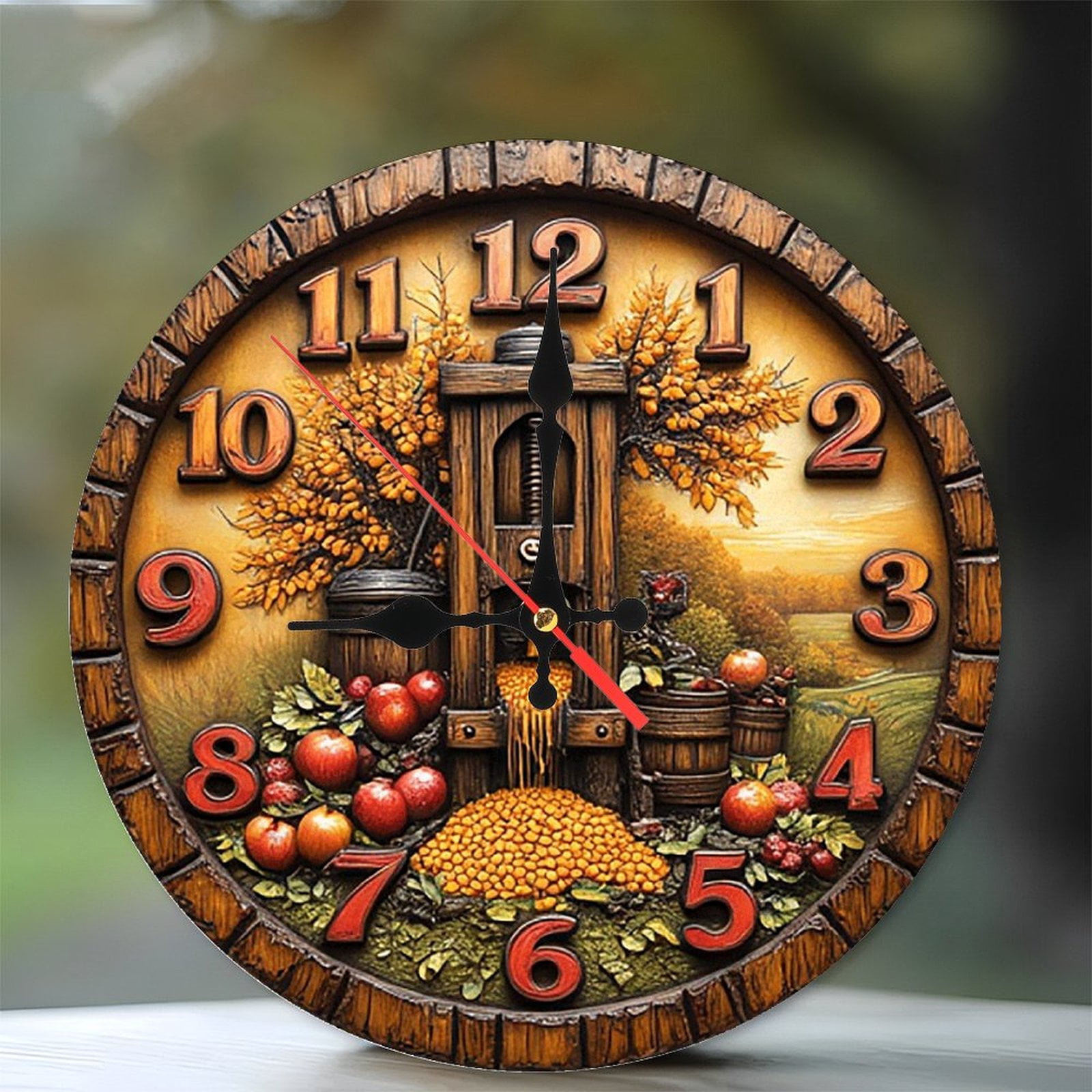 Rustic Wooden Crisp Fruit Cider Press Clock Wall Decor 10-Inch Silent ...
