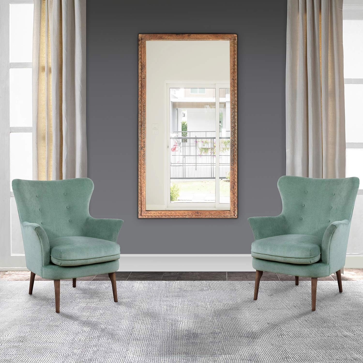 Rustic Wooden Distressed Natural Color Wall Mirror | Antique Carved ...