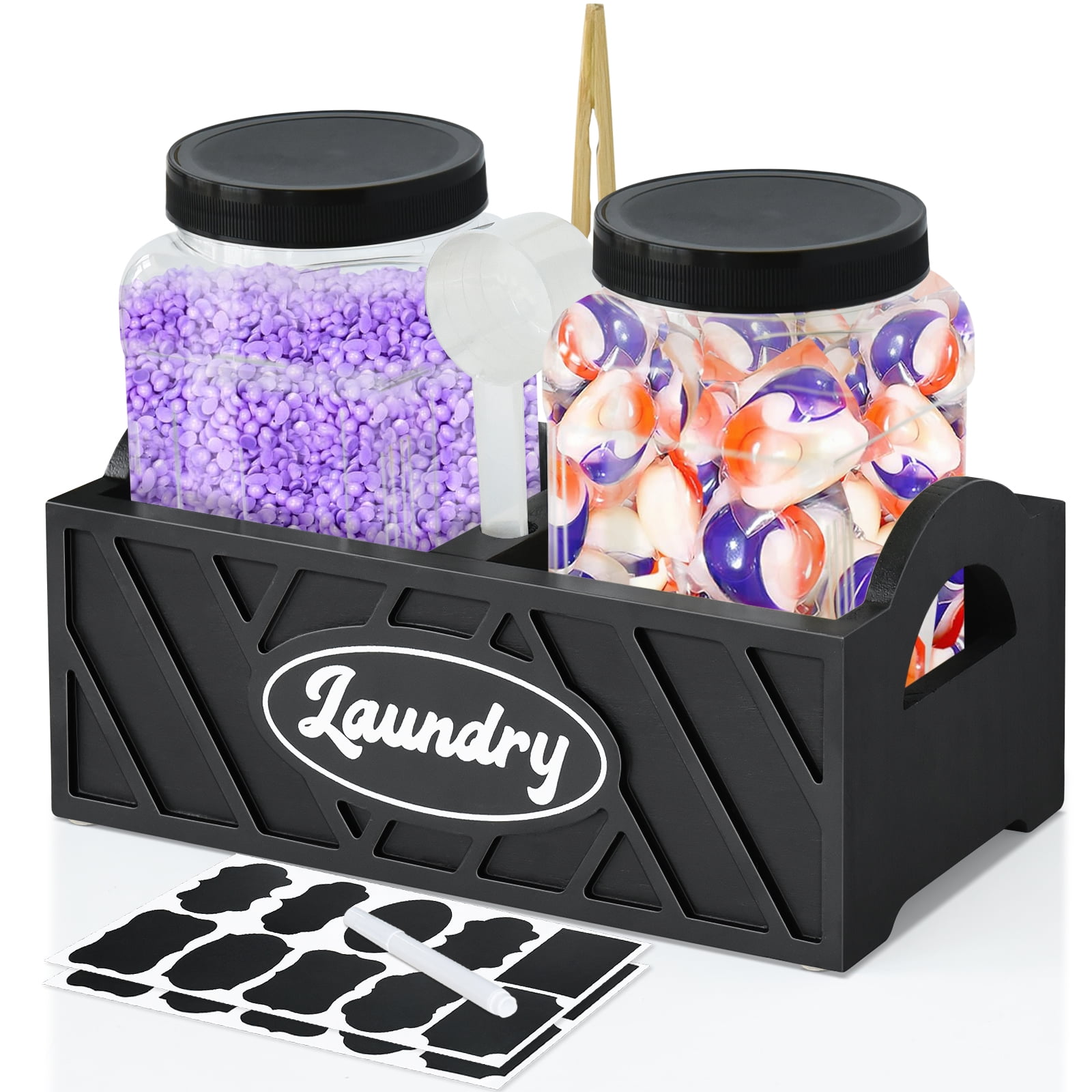 Laundry Pods Container with 2 Plastic Jar, Solid Wood Laundry Pod ...