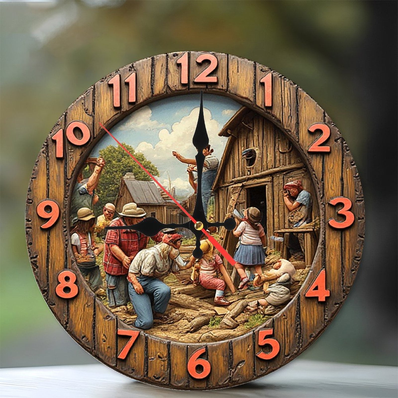 Rustic Wooden Farm Scene Wall Clock 10-Inch Silent Wooden Wall Clock ...