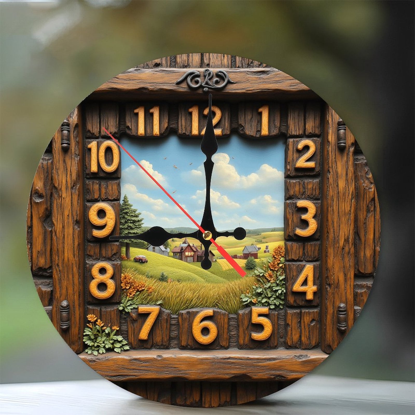 Rustic Wooden Farmhouse Wall Clock Scenic Landscape 10-Inch Silent ...