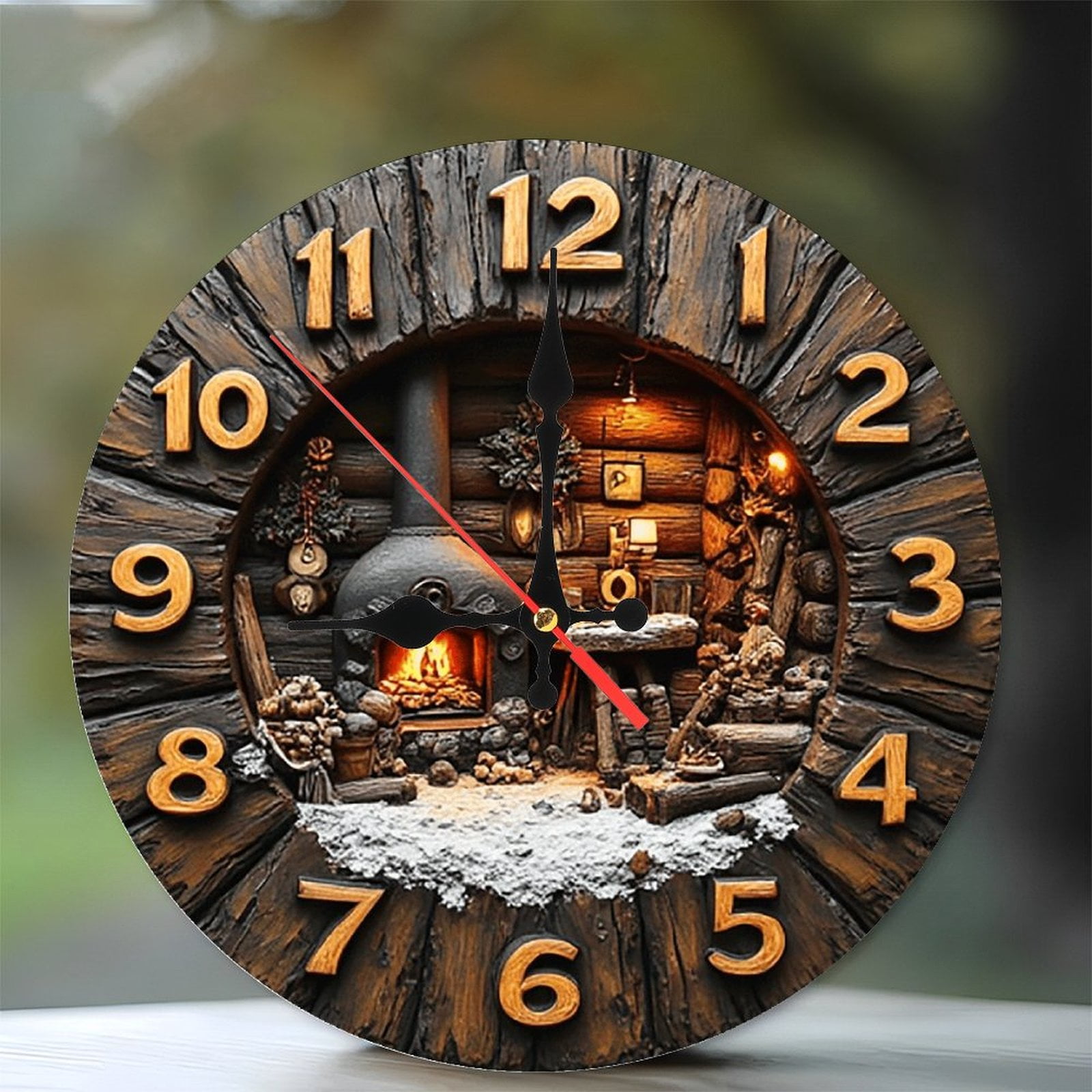 Rustic Wooden Fireplace Cabin Wall Clock 10-Inch Silent Wooden Wall ...
