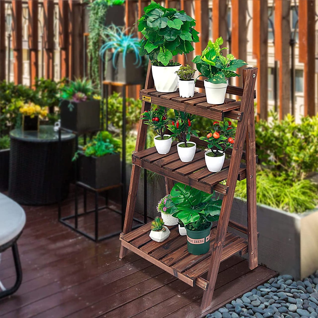 Rustic Wooden Folding Plant Stand Slat Bottom & Elevated Vertical ...