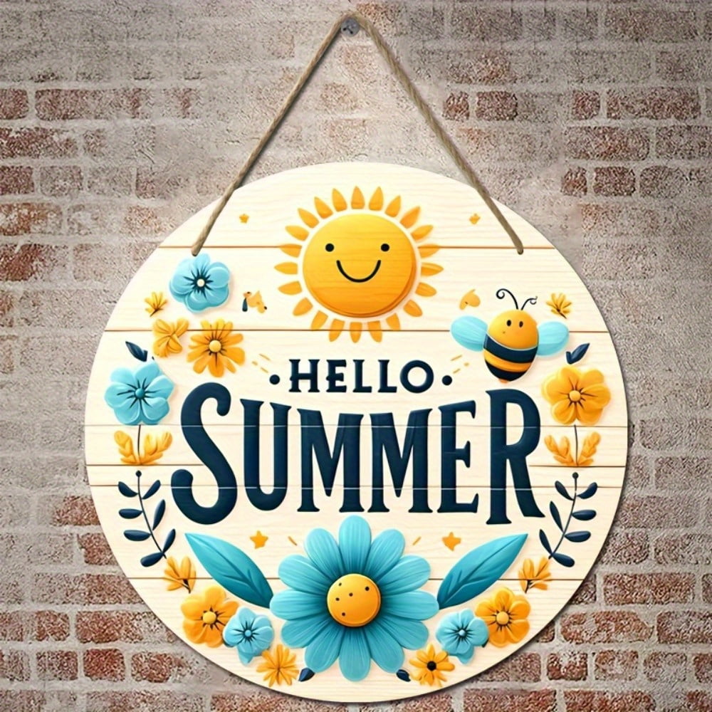 Rustic Wooden "Hello Summer" Wreath Sign, Round Seasonal Wall Hanging ...