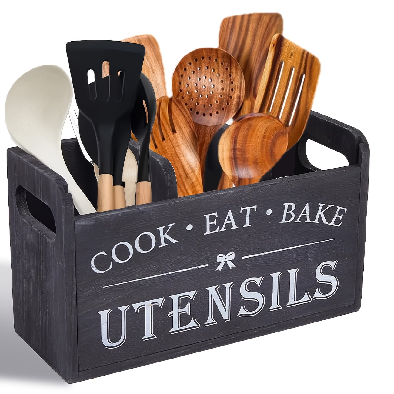 Rustic Wooden Kitchen Utensil Holder - 1pc 3-Compartment Storage Box ...