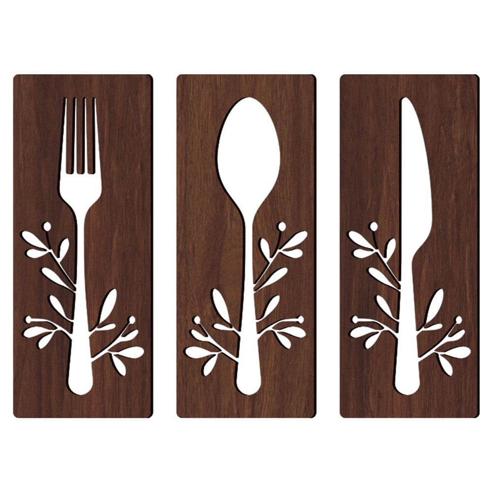 Rustic Wooden Kitchen Wall Decor - 3PCS Cutlery Set (Brown, Small ...