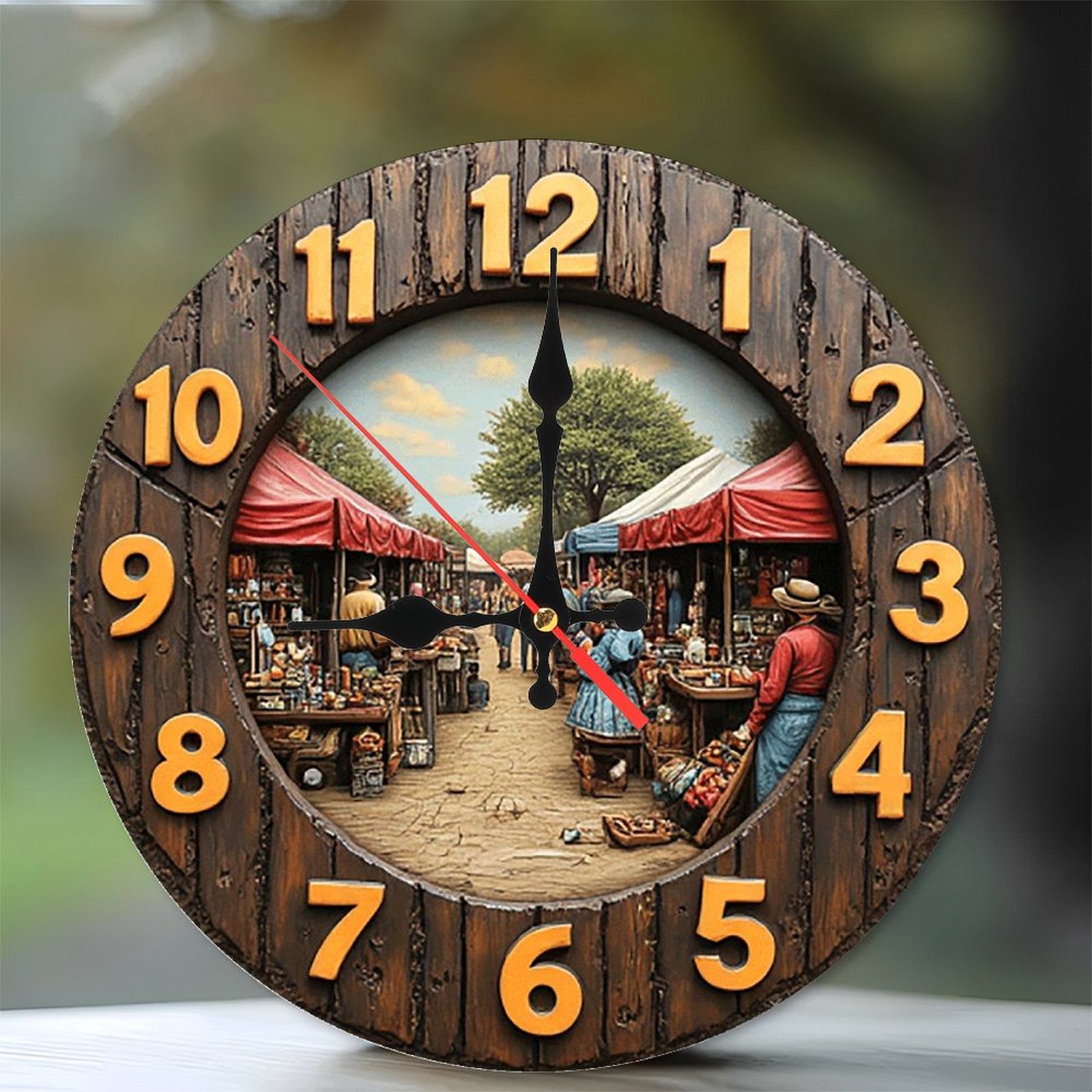 Rustic Wooden Market Scene Wall Clock 10-Inch Silent Wooden Wall Clock ...
