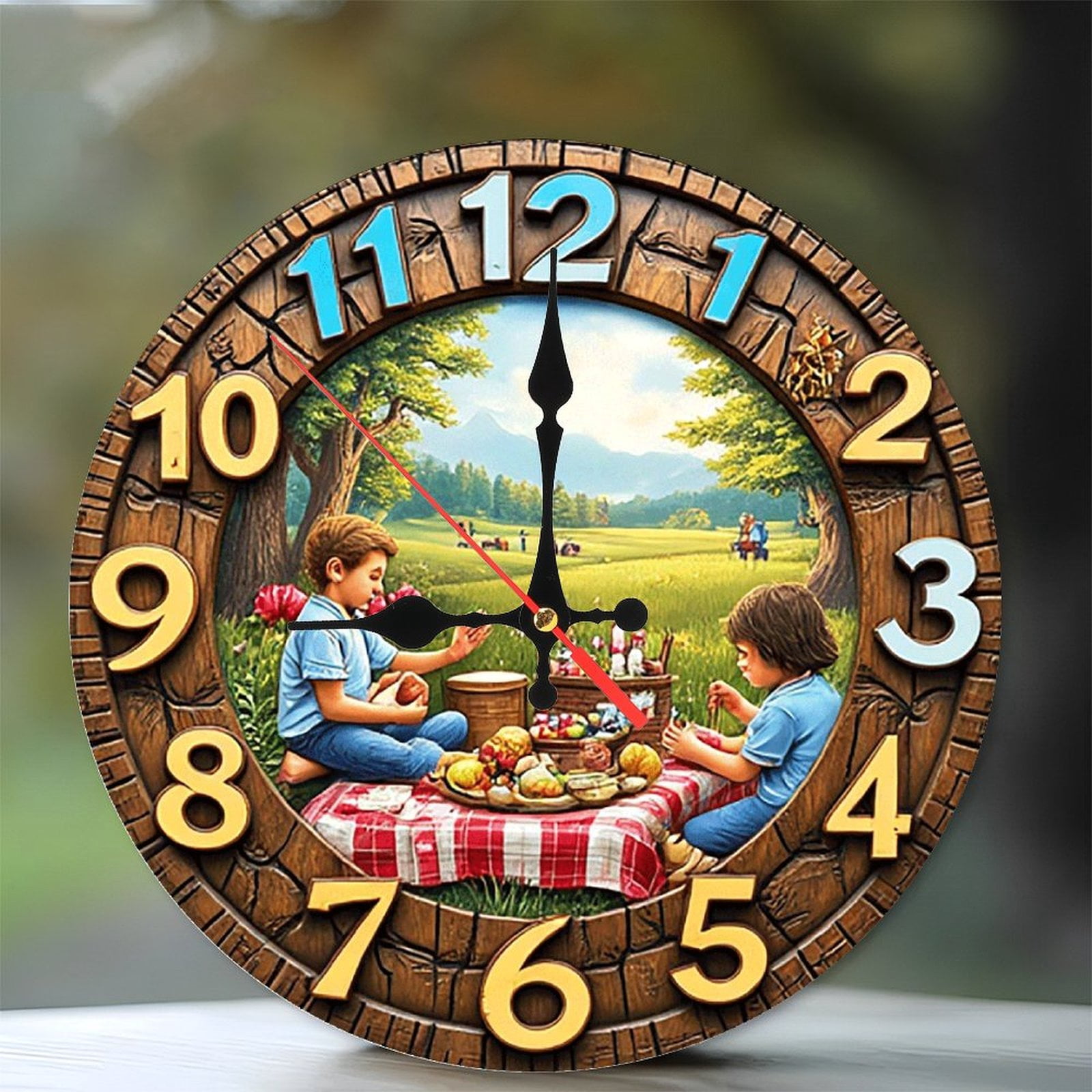 Rustic Wooden Picnic Scene Wall Clock 10-Inch Silent Wooden Wall Clock ...