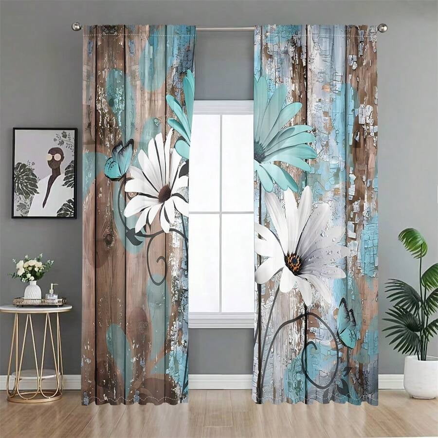 Rustic Wooden Plank Daisy Butterfly Curtain Panels, Vintage Teal White ...
