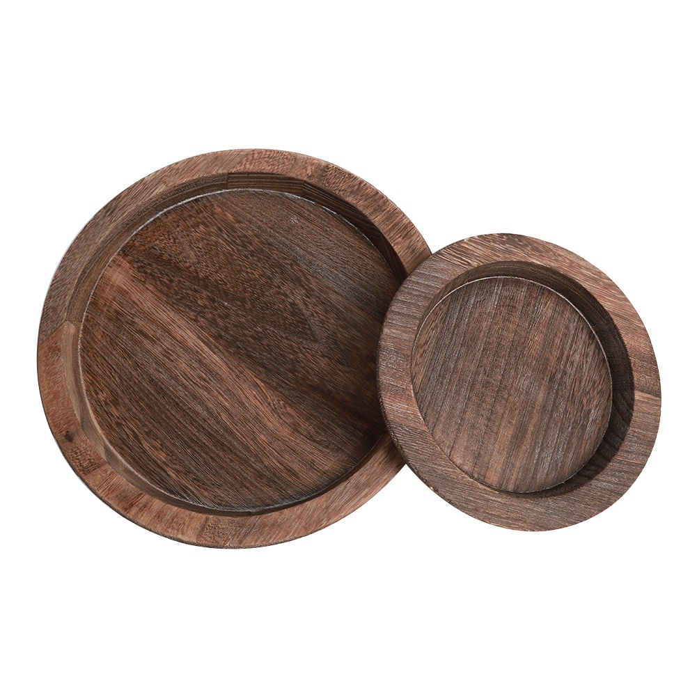 Rustic Wooden Serving Tray - 2 Pcs Round Wood Decorative Tray Vintage ...