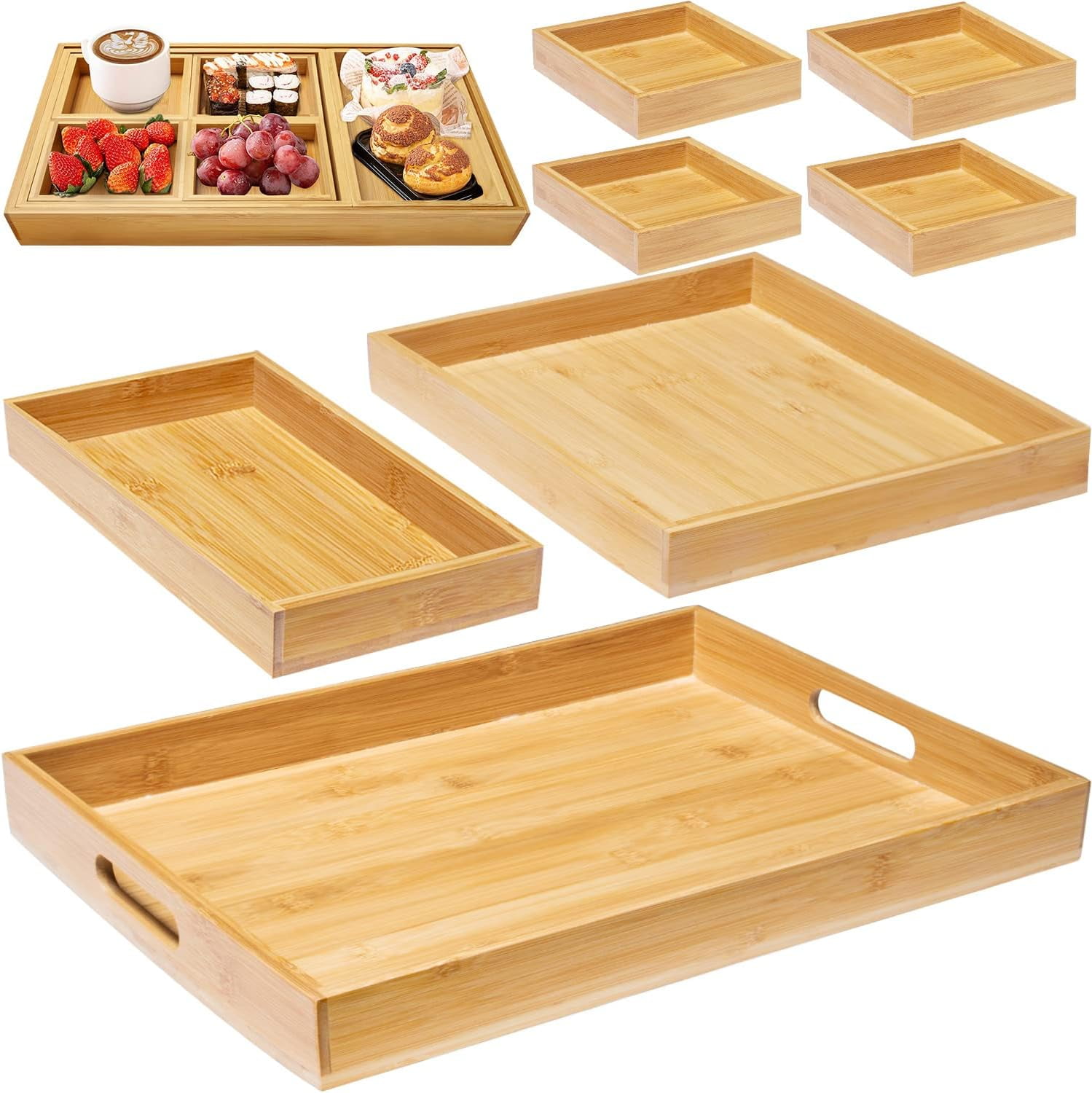 Rustic Wooden Serving Trays with Handle - Set of 7 Rectangular Platters ...