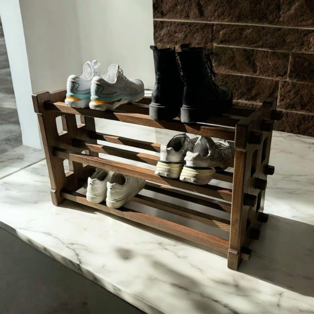 Rustic Wooden Shoe Rack, 3 Tiers Shoe Shelf, Vintage Solid Wood Shoe ...