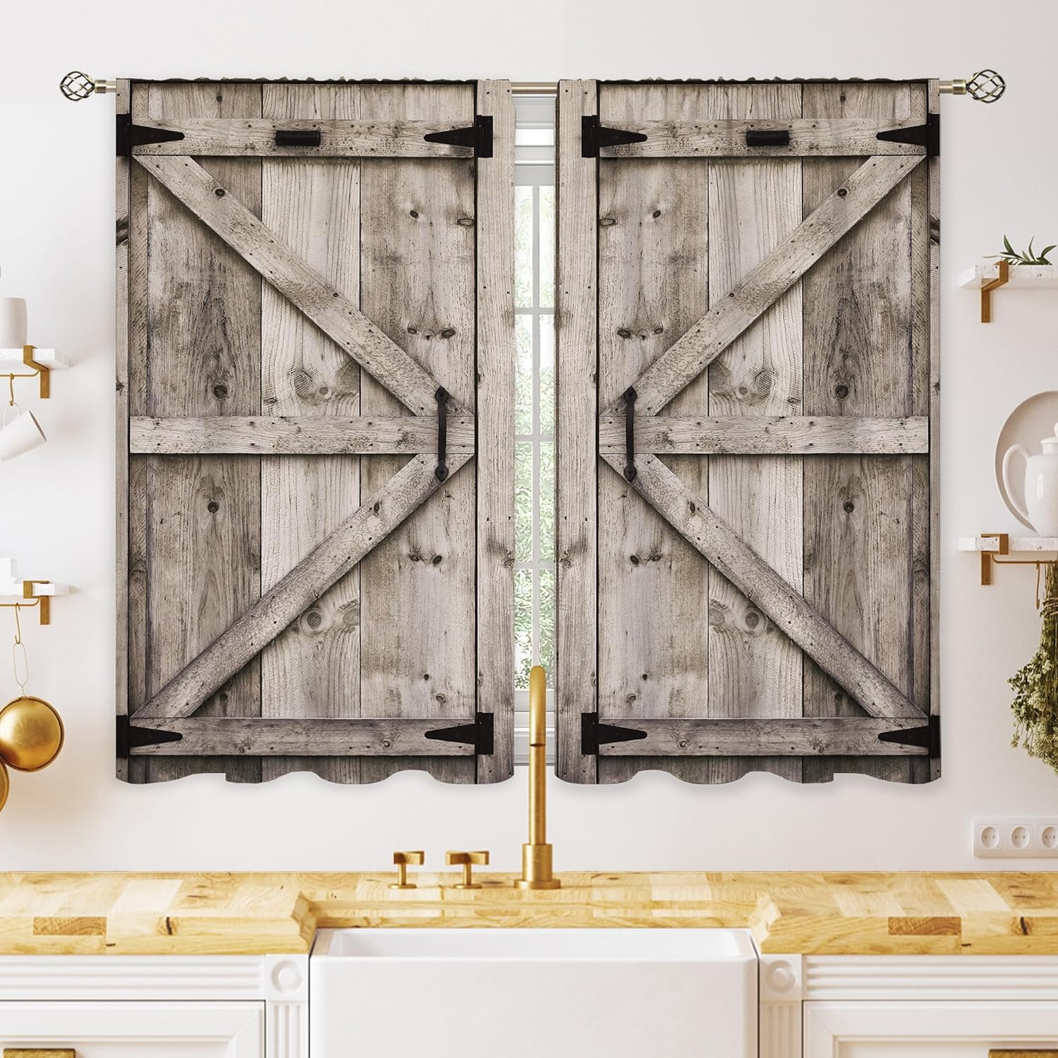 Rustic Wooden Small Kitchen Curtains Farmhouse Barn Door Window ...