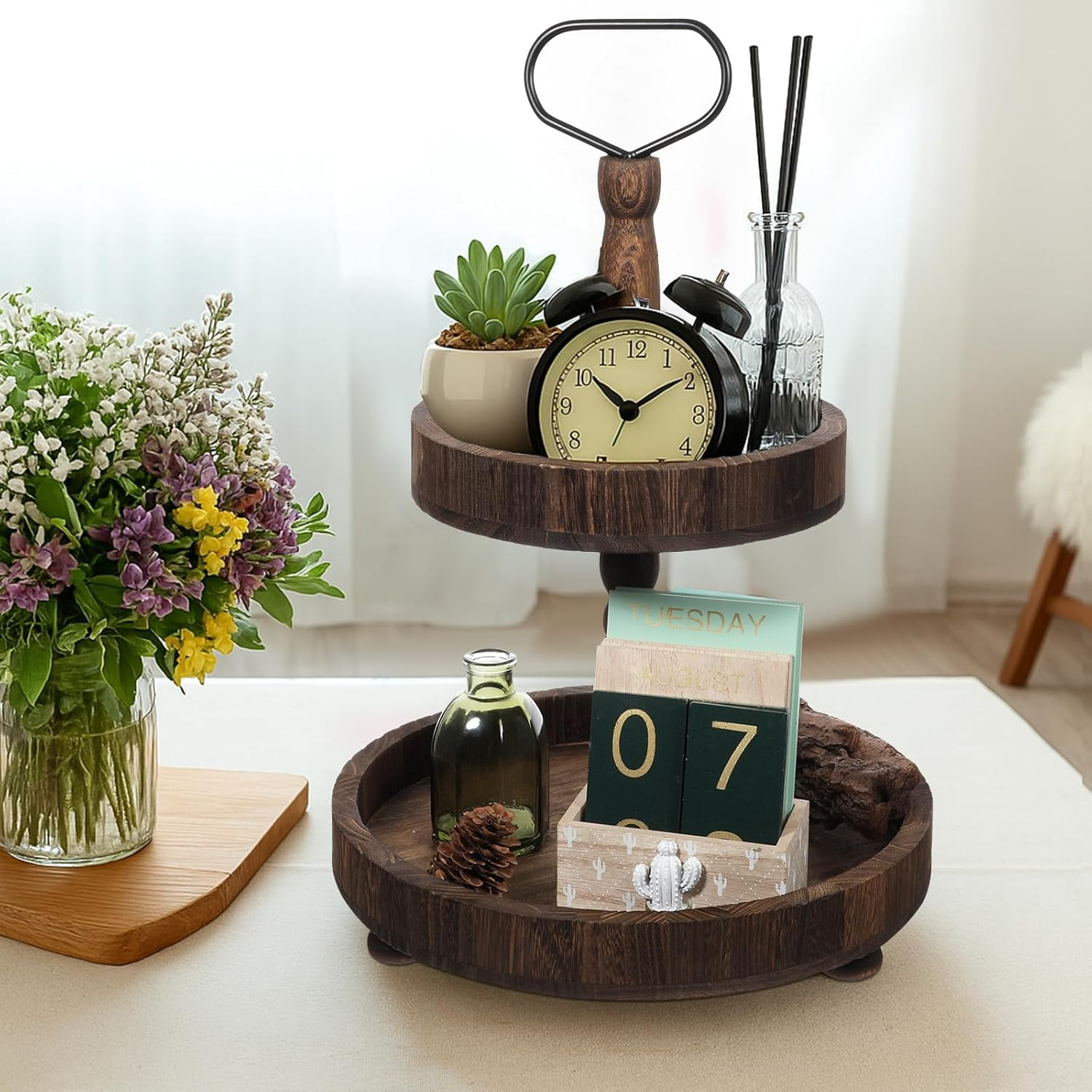 Rustic Wooden Tiered Serving Tray Stand, Farmhouse Decorative 2 Tier ...