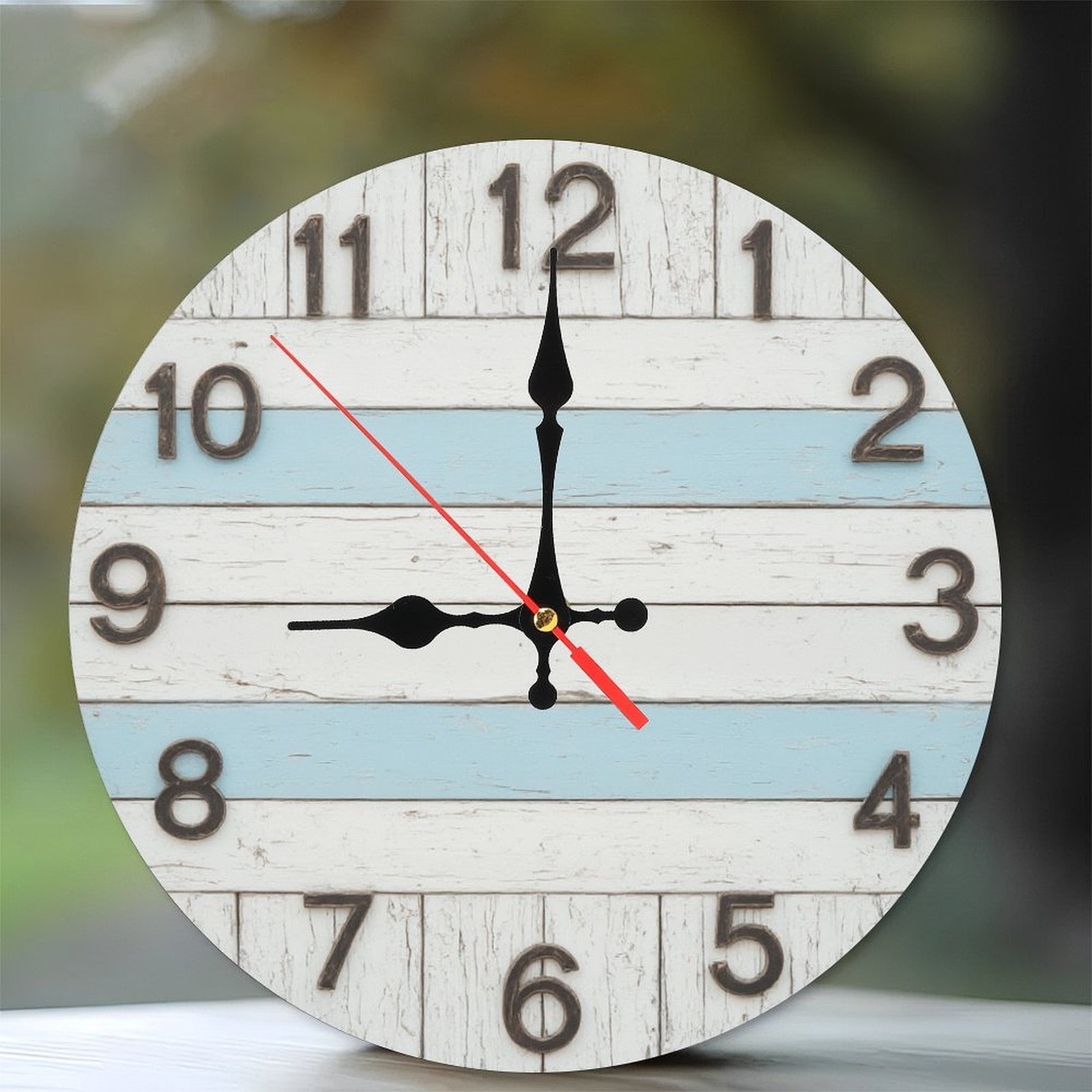 Rustic Wooden Wall Clock Blue Stripe Home Decor 10-Inch Silent Wooden ...