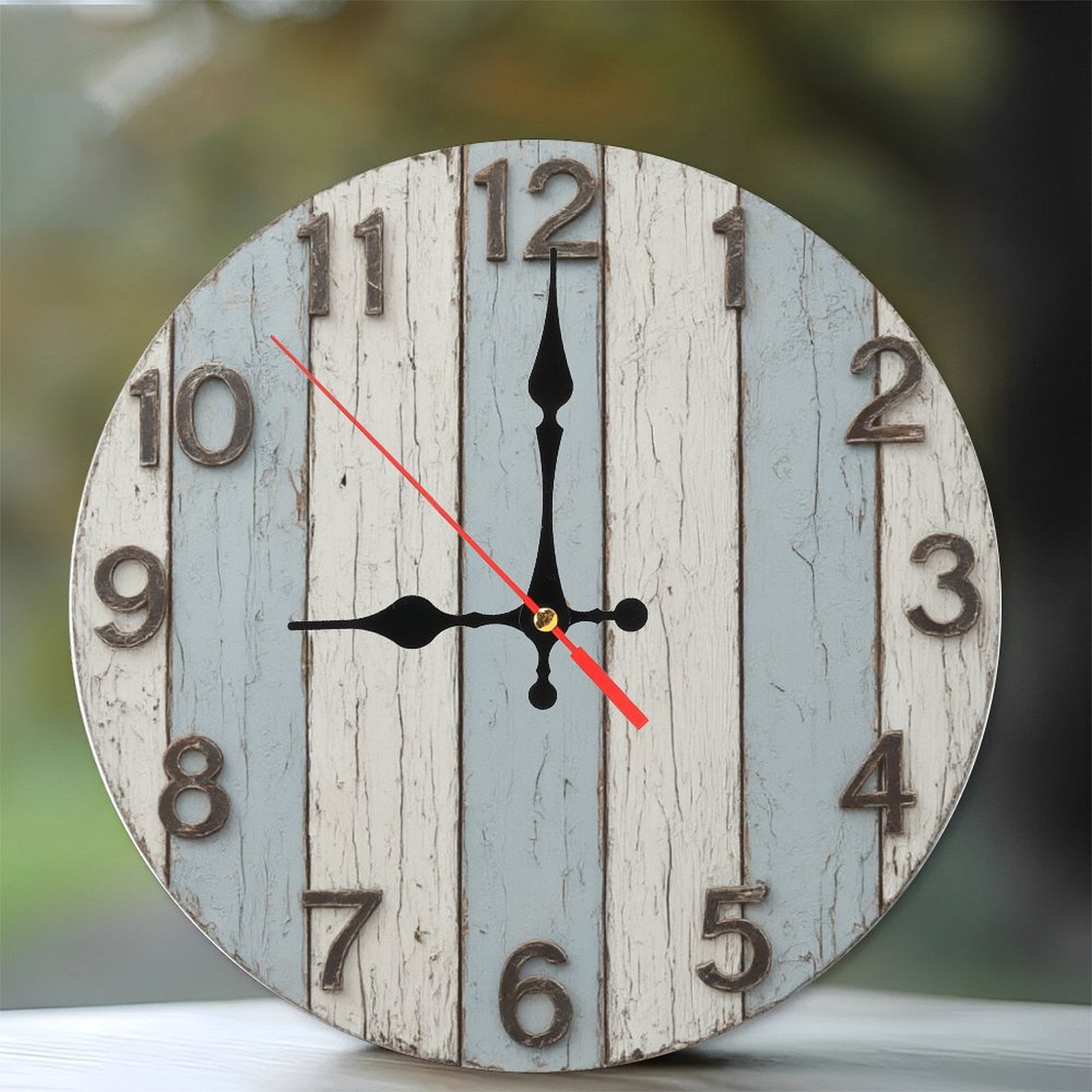 Rustic Wooden Wall Clock Blue White Stripe Farmhouse Decor 10-Inch ...
