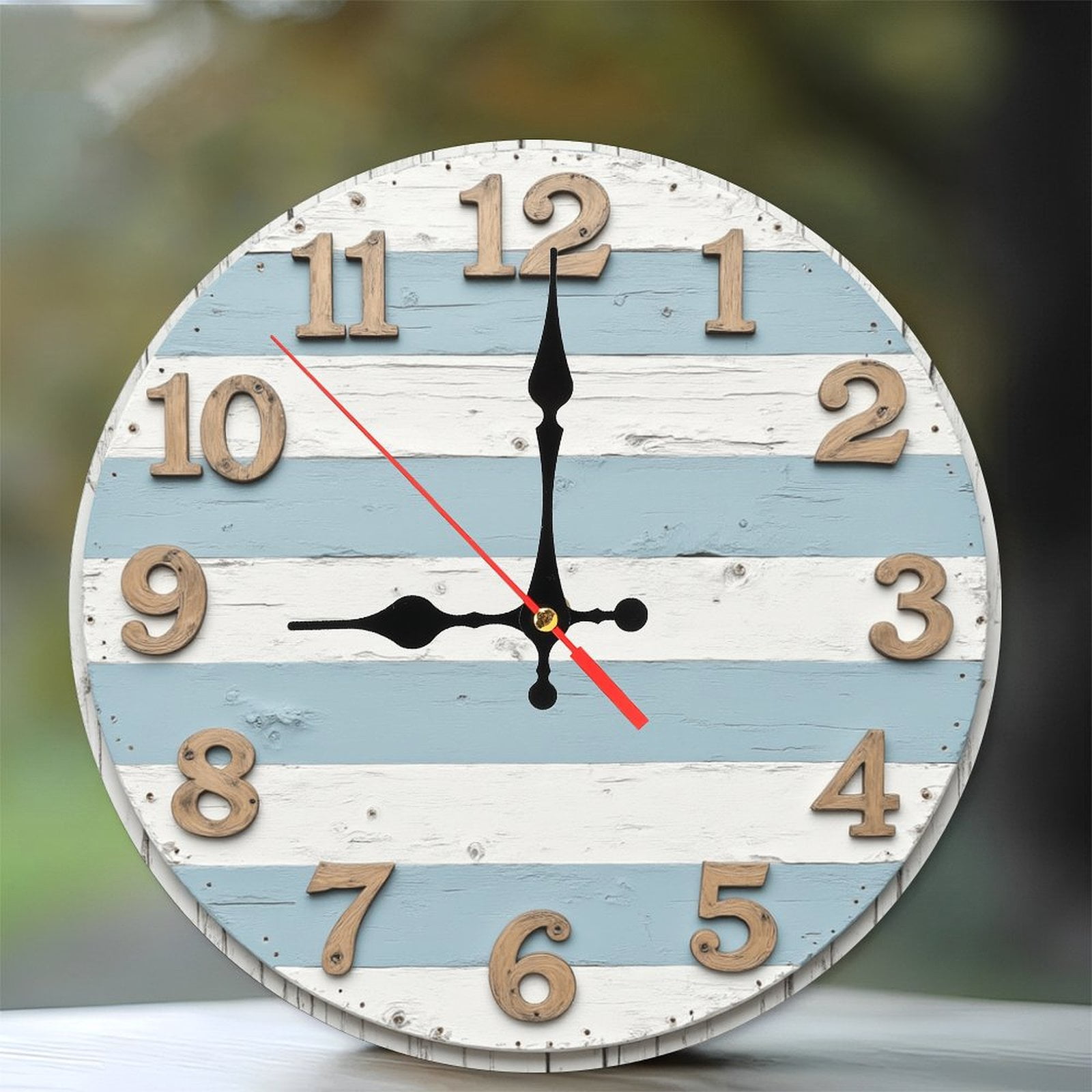 Rustic Wooden Wall Clock Blue White Striped Nautical Beach Home Decor ...