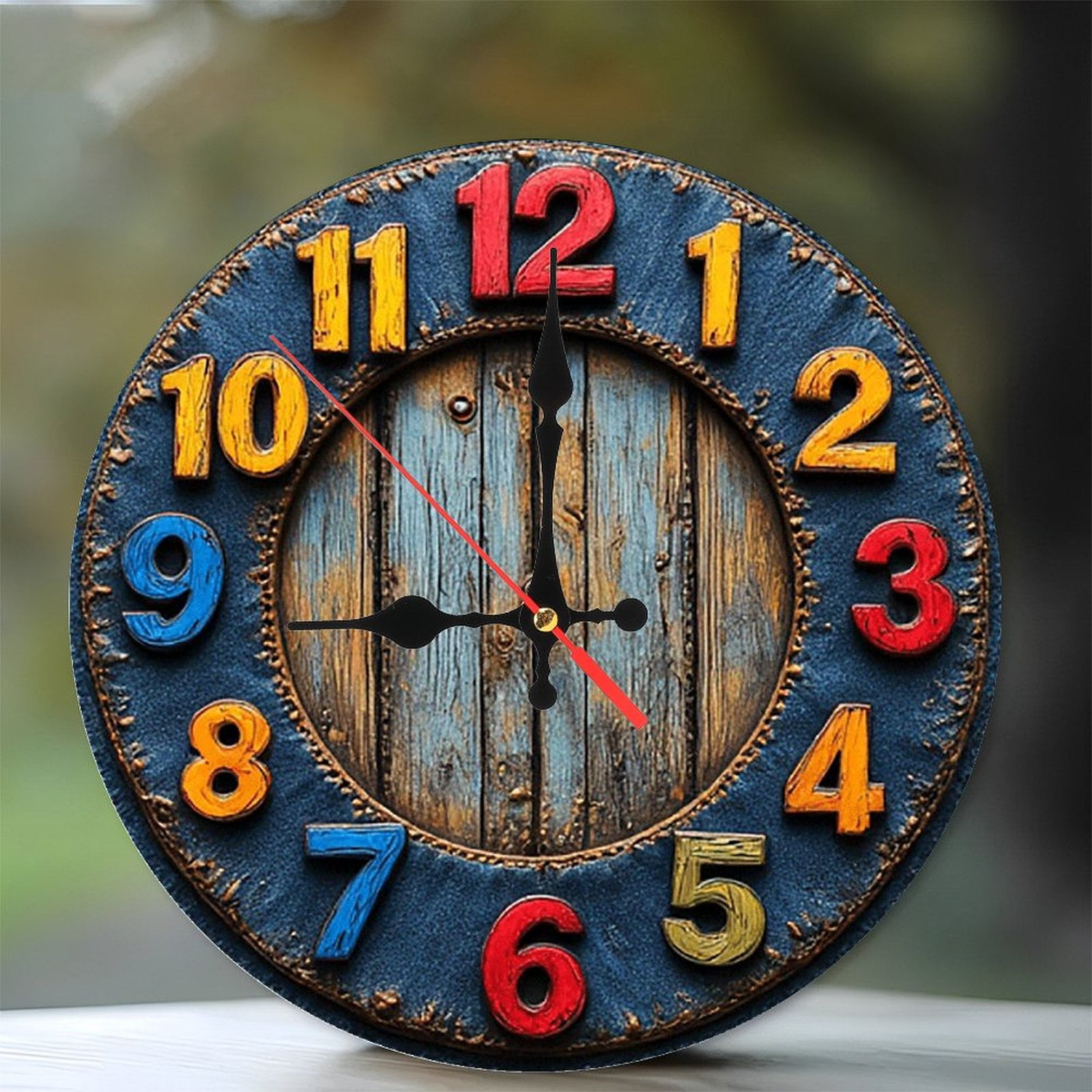 Rustic Wooden Wall Clock Colorful Numbers Home Decor 10-Inch Silent ...