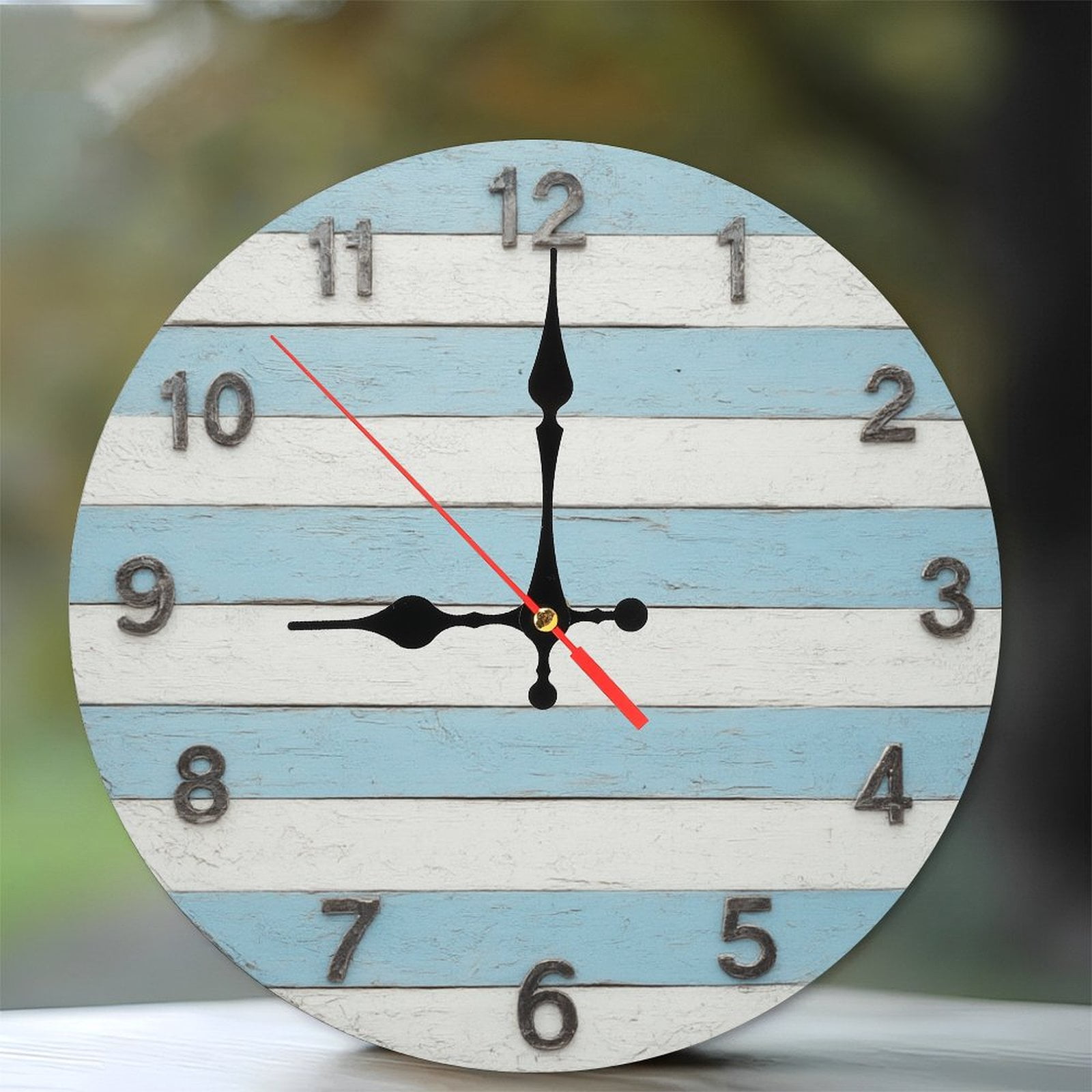 Rustic Wooden Wall Clock Farmhouse Style Home Decor Blue White Stripes ...