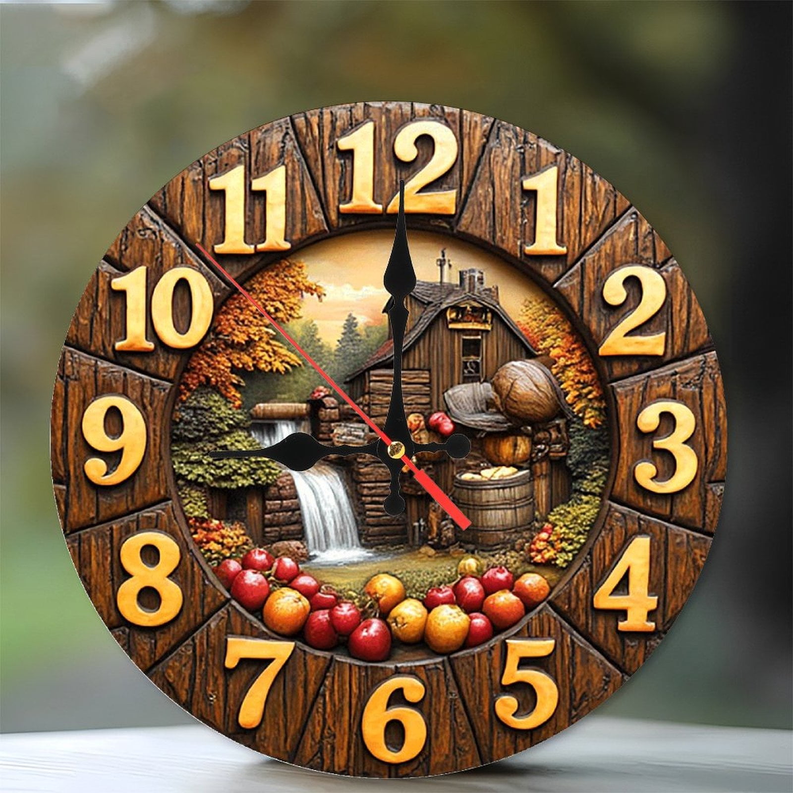 Rustic Wooden Waterfall Crisp Fruit Orchard Wall Clock 10-Inch Silent ...