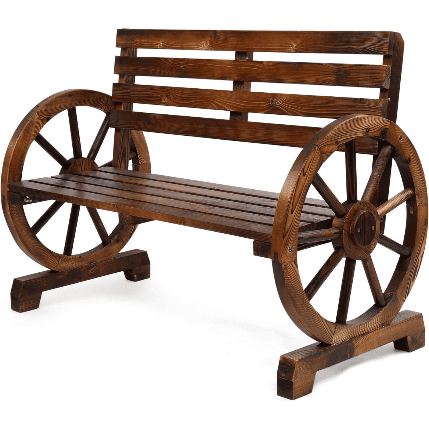 Rustic Wooden Wheel Bench Outdoor Bench, 2-Person Patio Bench Wagon ...