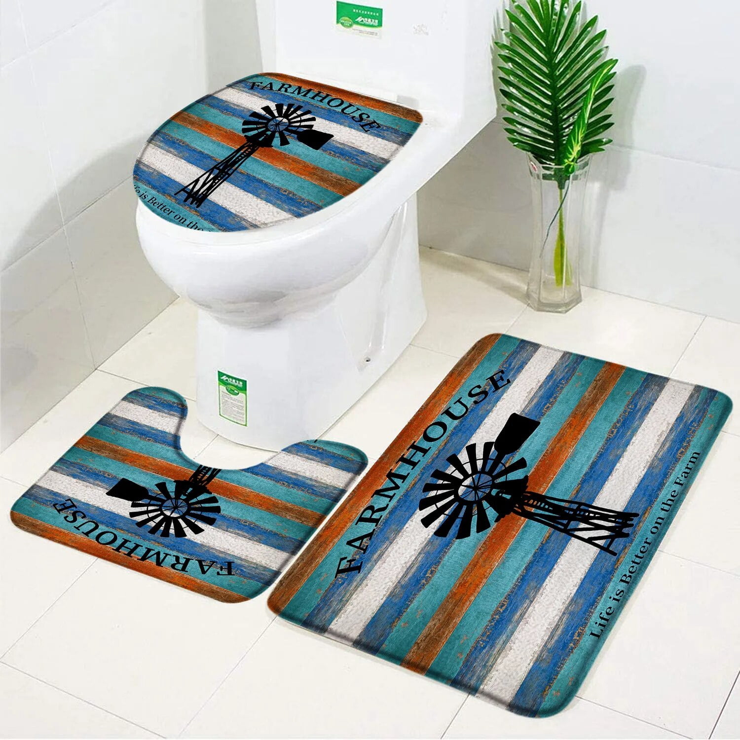 Rustic Wooden board Flower Bath Mat Set Farmhouse Bathroom Decor Anti ...