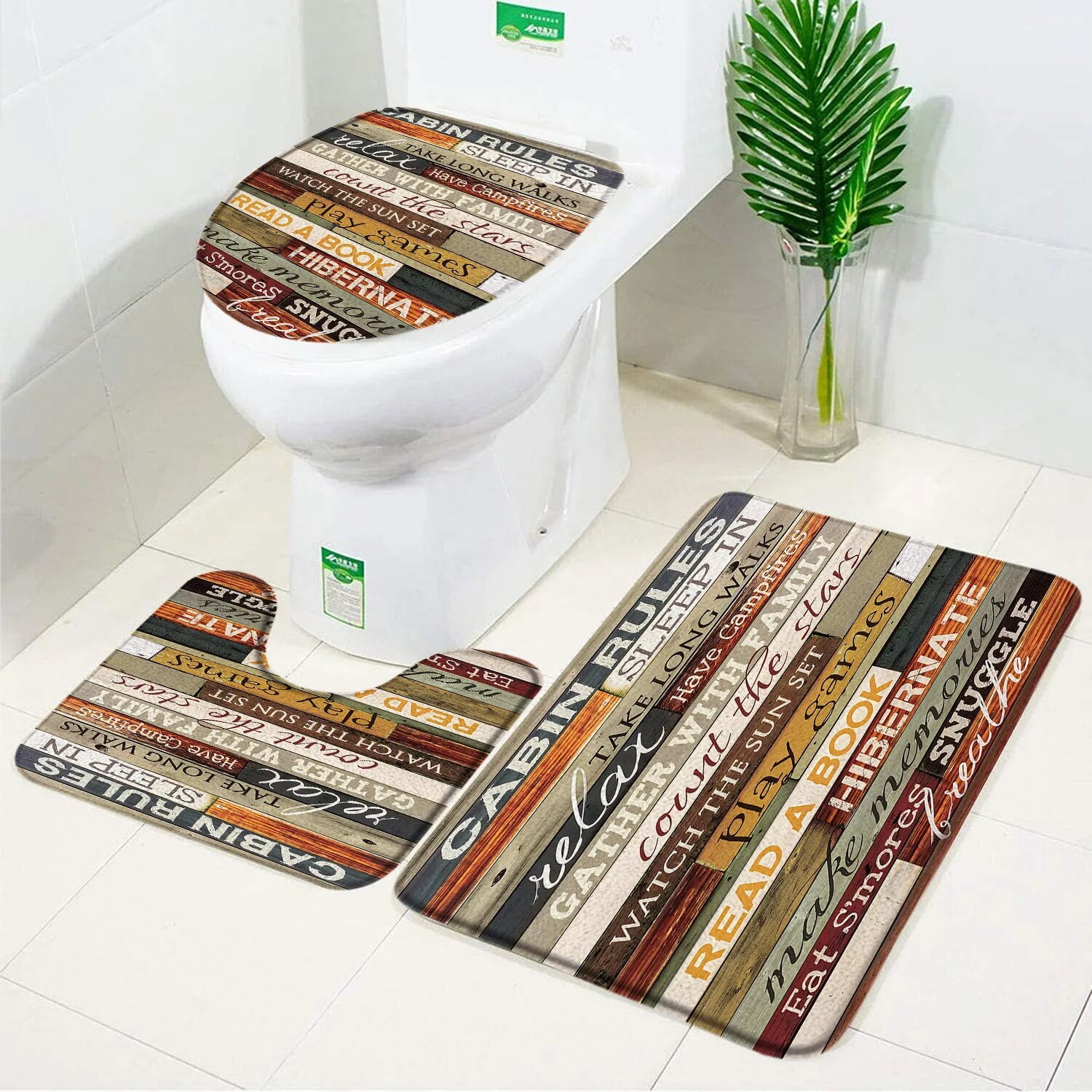 Rustic Wooden board Flower Bath Mat Set Farmhouse Bathroom Decor Anti ...
