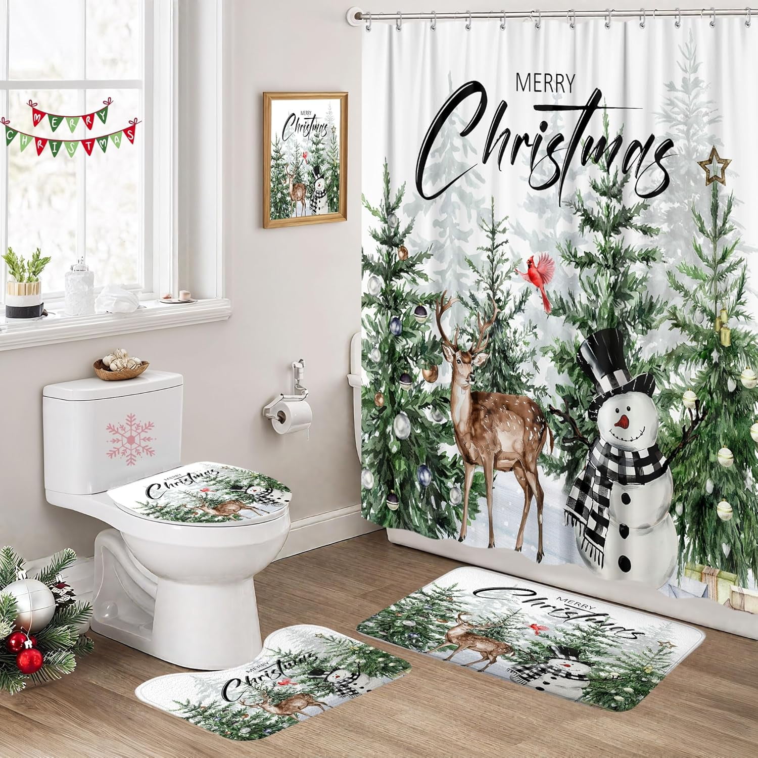 Rustic Woodland Christmas Shower Curtain Set with Snowflake Snowman ...