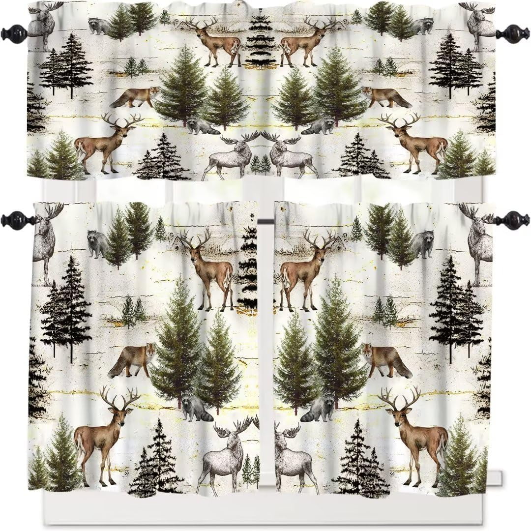 Rustic Woodland Curtain Set, Wild Animal Bear Deer Fox Wolf Country ...