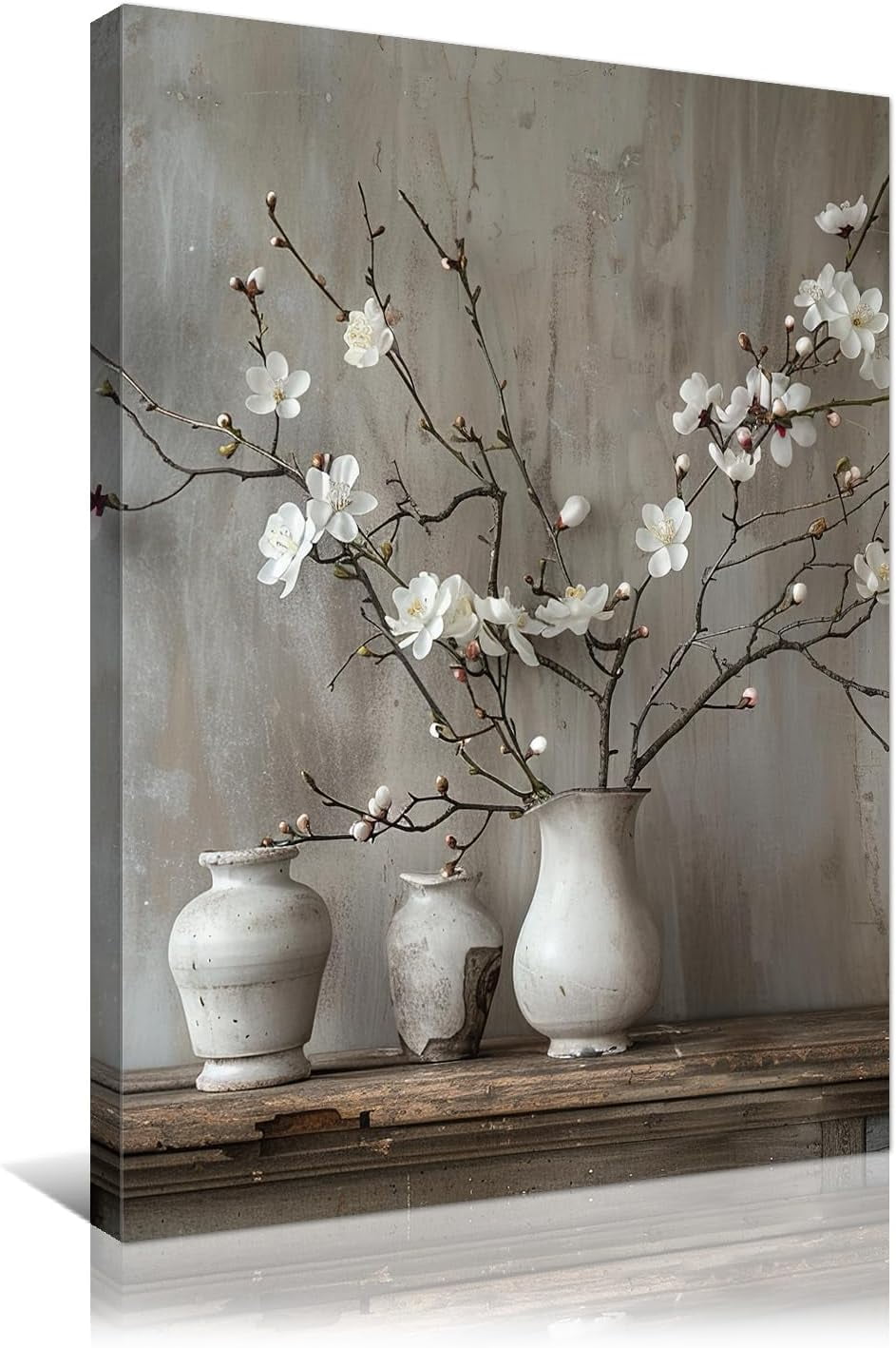 Rustic Zen Flower Canvas Print Pottery Vases Wooden Table White Plum ...