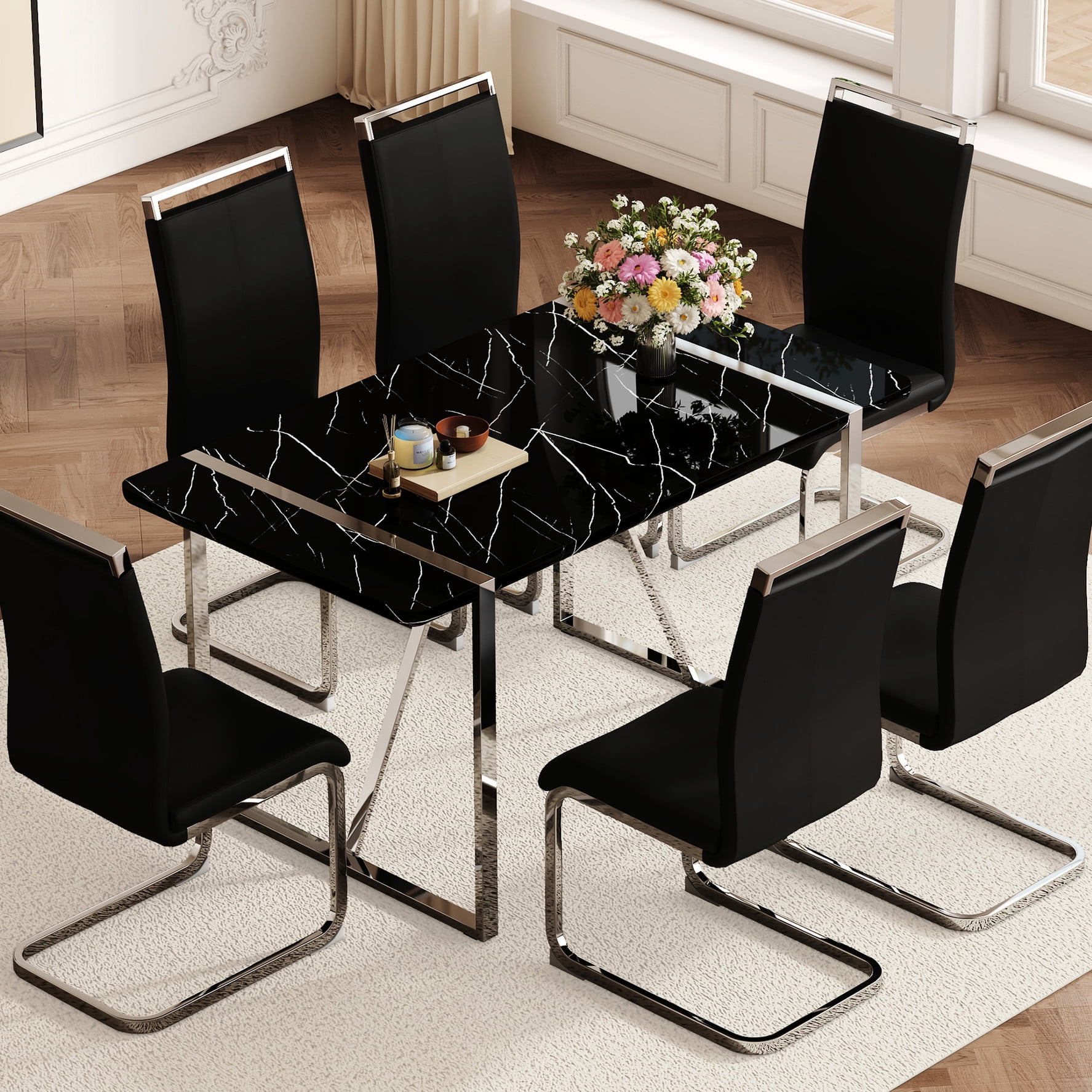 Rustic dining set / Black MDF table with electroplated metal legs, 6 ...