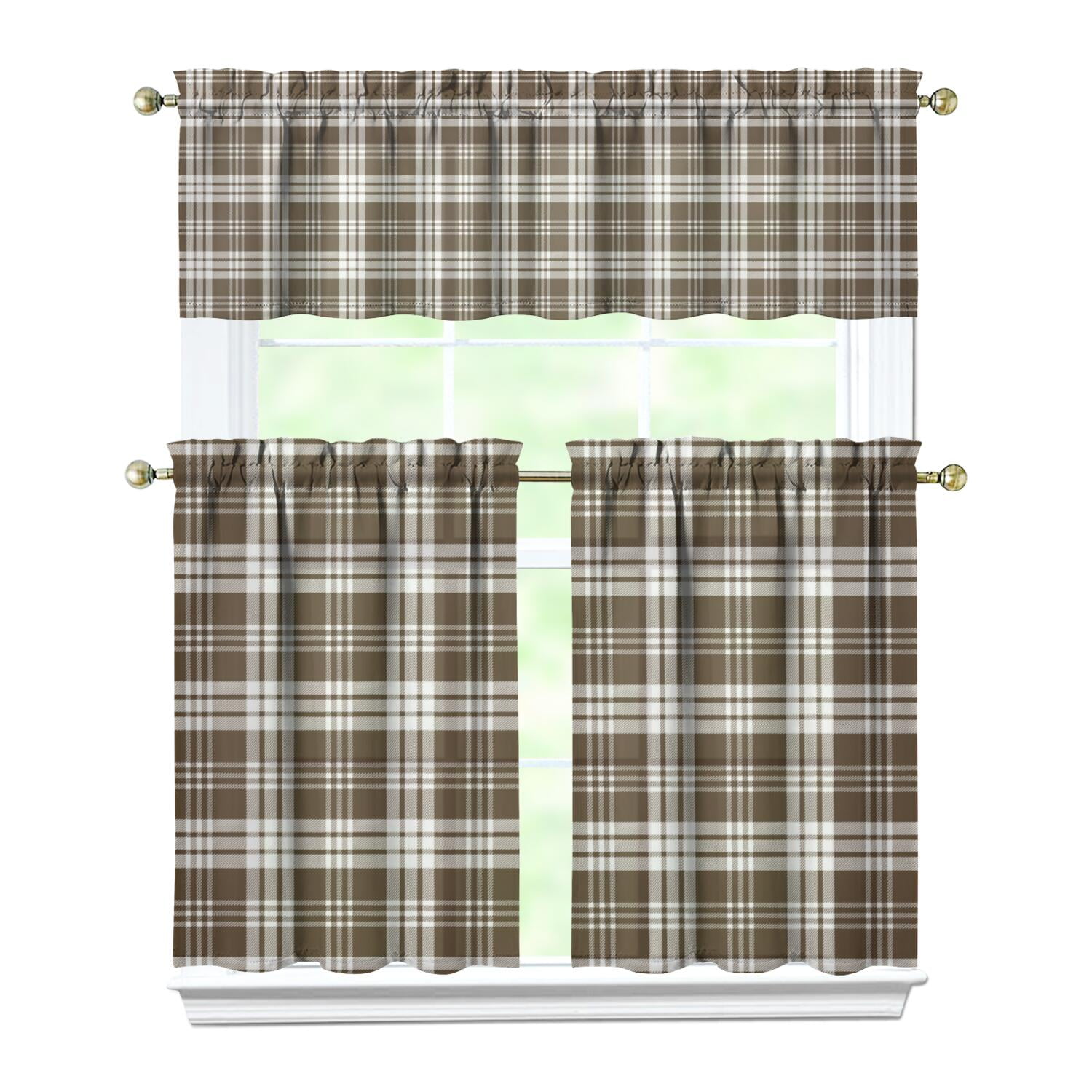 Rustic farmhouse plaid print Kitchen Curtains Set Tier and Valance ...