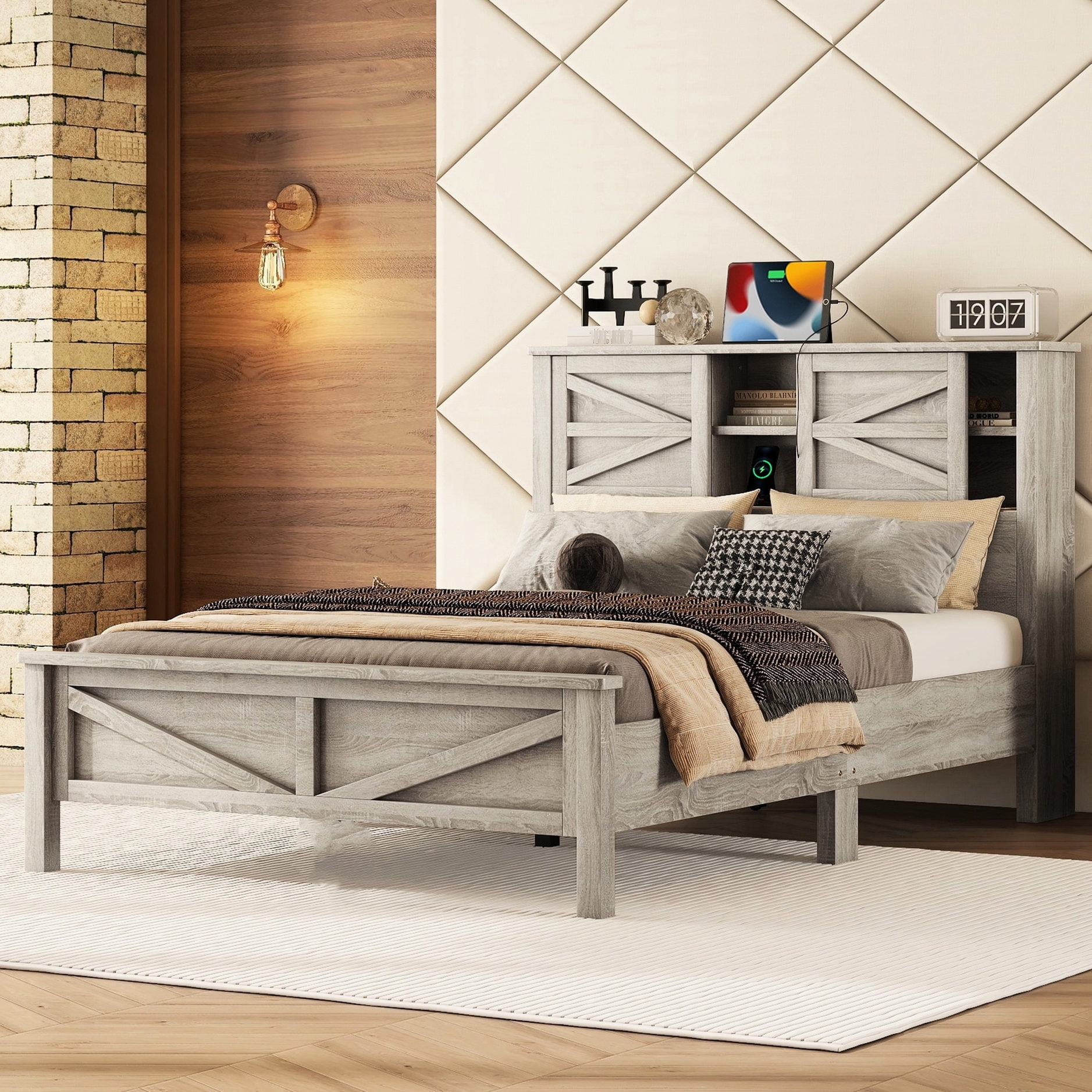Rustic full size platform bed with double sliding barn door and ...
