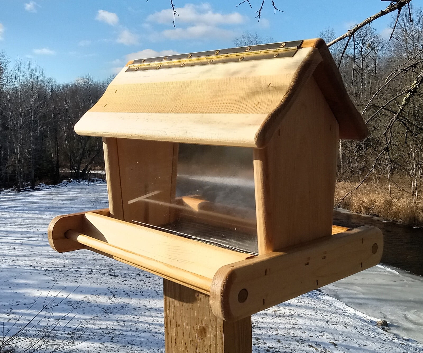 Rustic, large, handmade, cedar wood, square post mount bird feeder ...