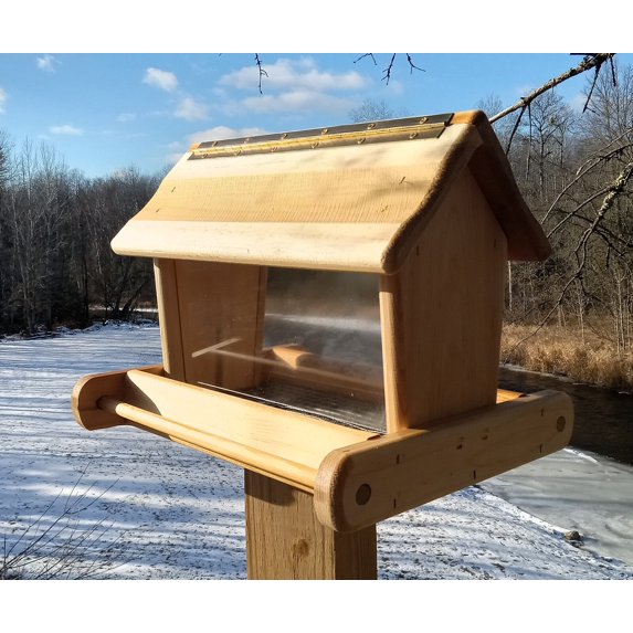 Rustic, large, handmade, cedar wood, square post mount bird feeder ...