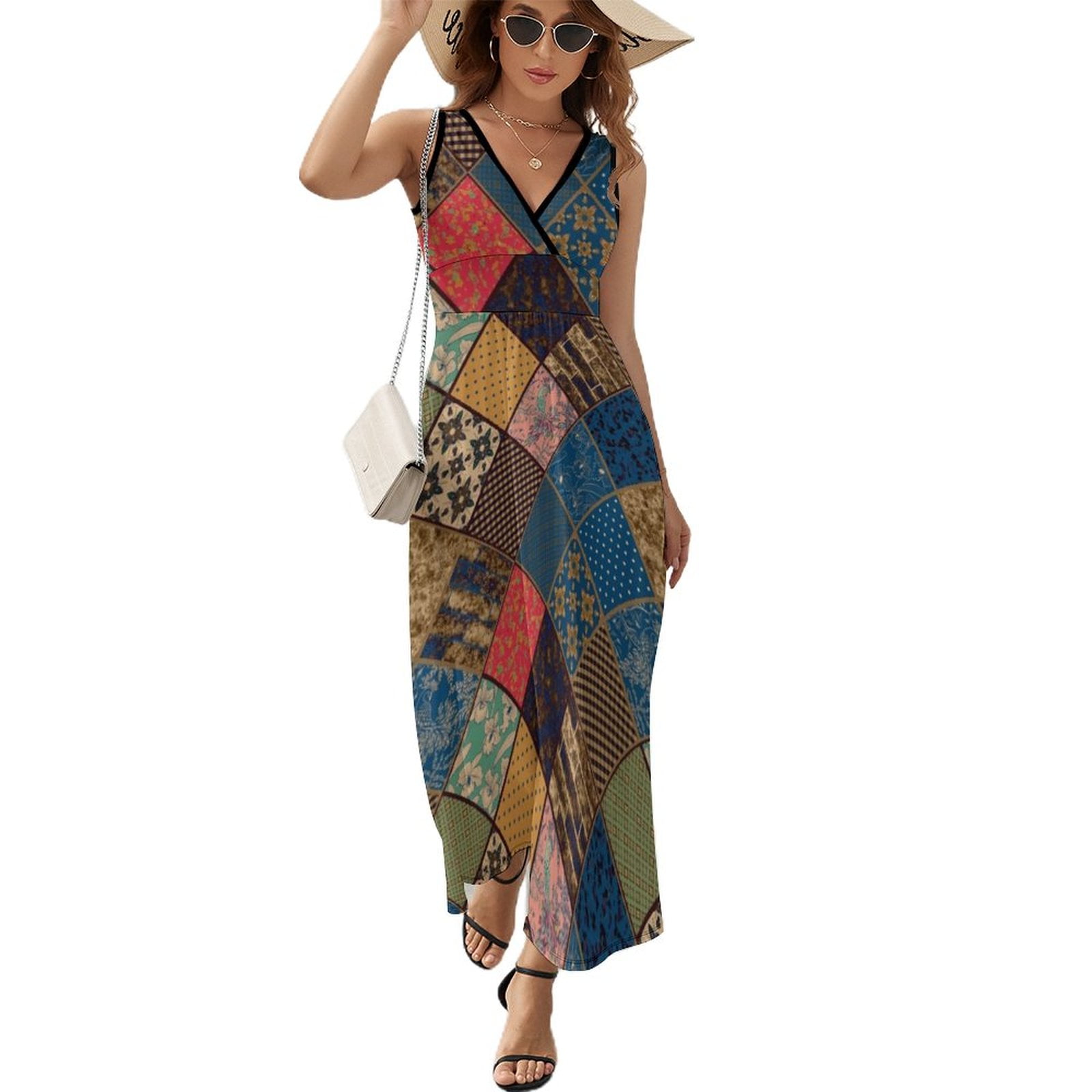 Rustic patchwork Granny pattern rustic patchwork fashion folklore Sleeveless Dress long dresses ...
