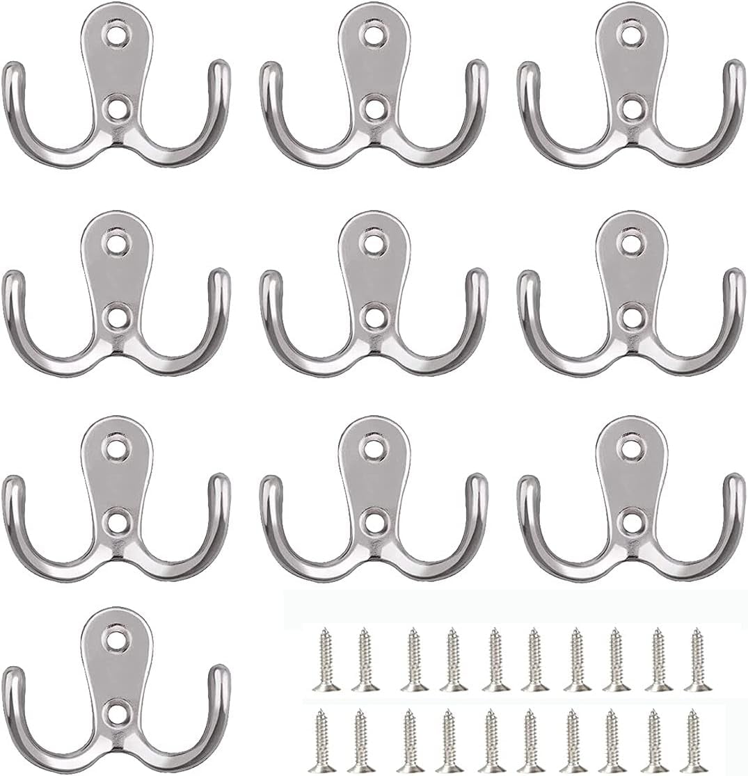 Rustproof Coat Hooks Hardware, Wall Mounted Double Prong, Strong Design, Dual Robe Hanger for ...