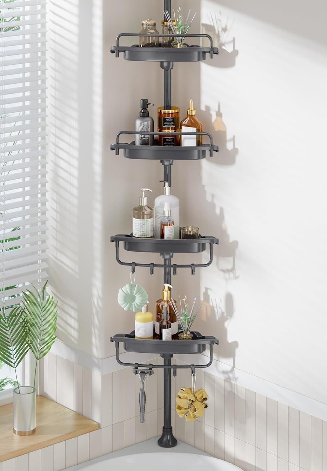 Rustproof Shower Caddy Tension Pole Corner Shower Caddy Organizer 4 Tier Adjustable Shelves with ...