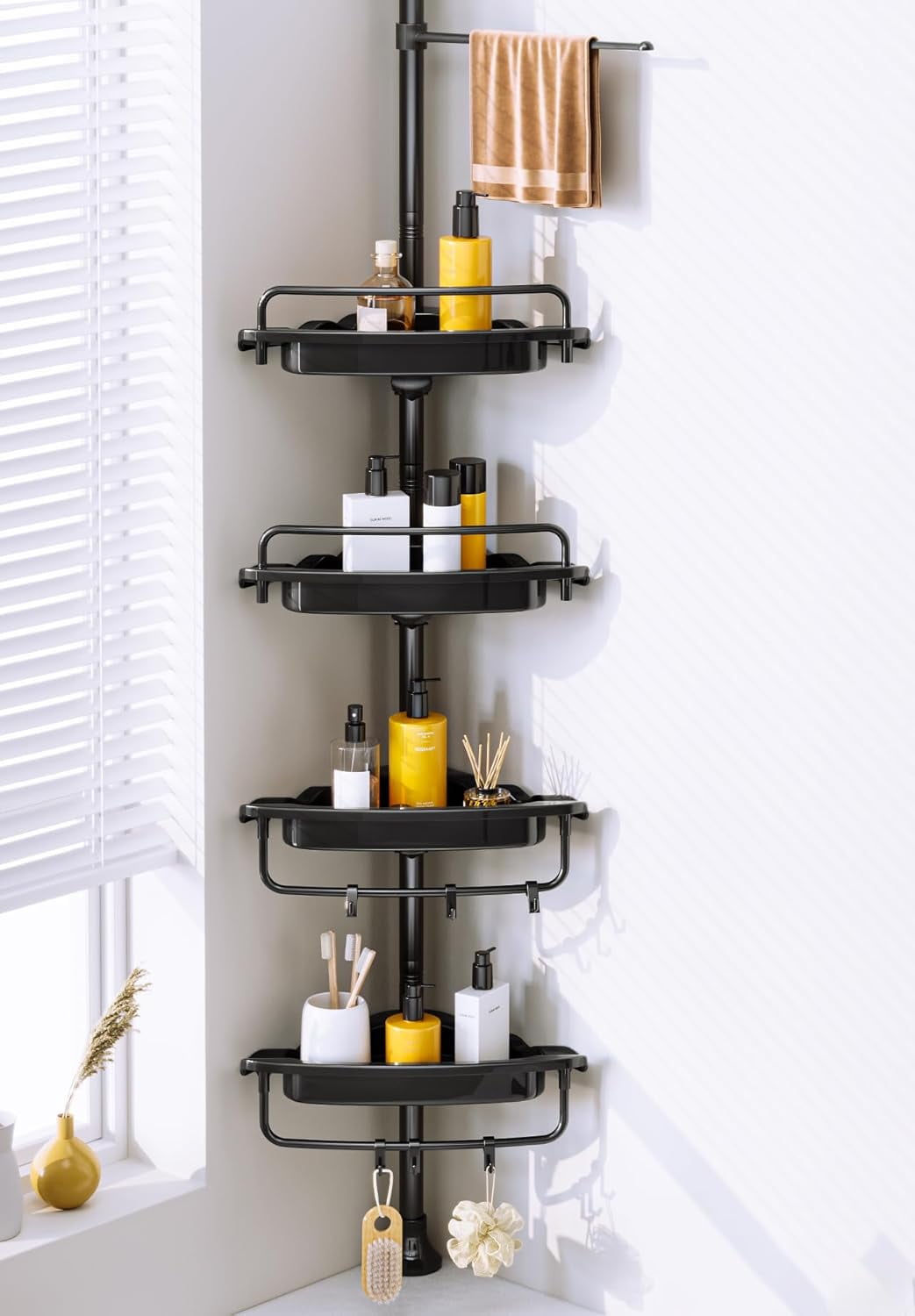 Rustproof Shower Caddy Tension Pole Corner Shower Caddy Organizer 4 Tier Adjustable Shelves with ...