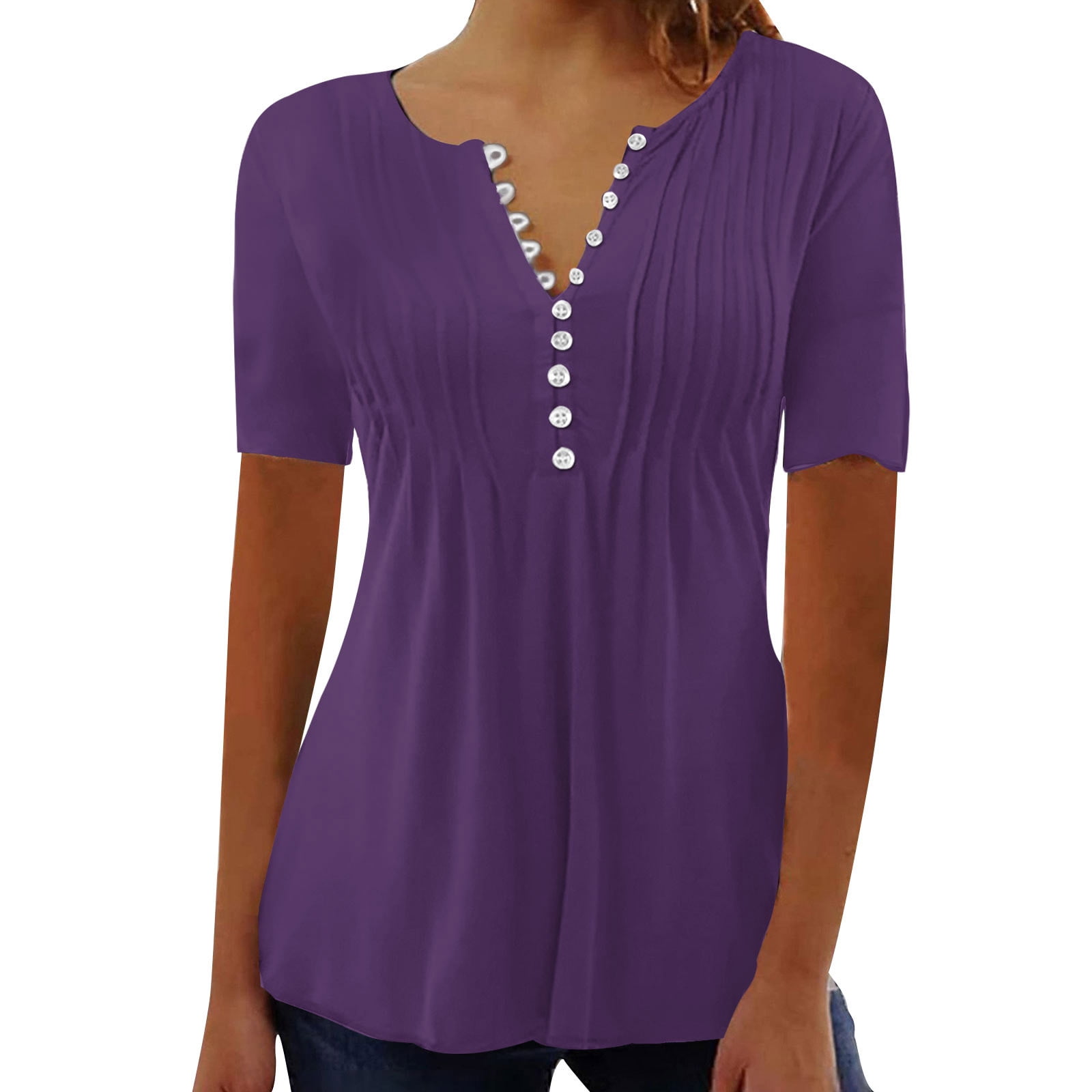 Brilliant Women Tops Women's Casual Round Neck Pleated Solid Color ...